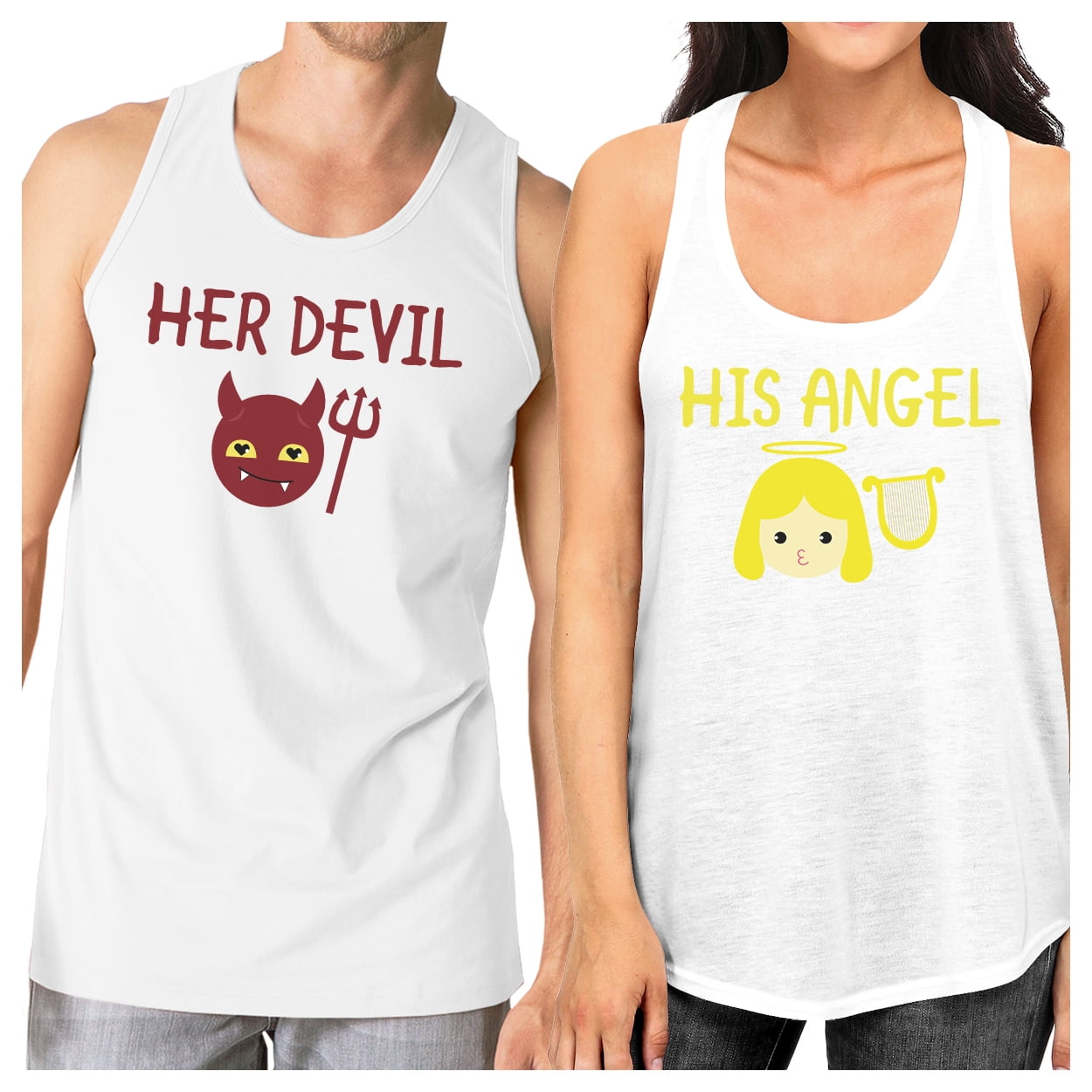 Her Devil His Angel White Tank Tops Graphic Matching Couples Tanks ...