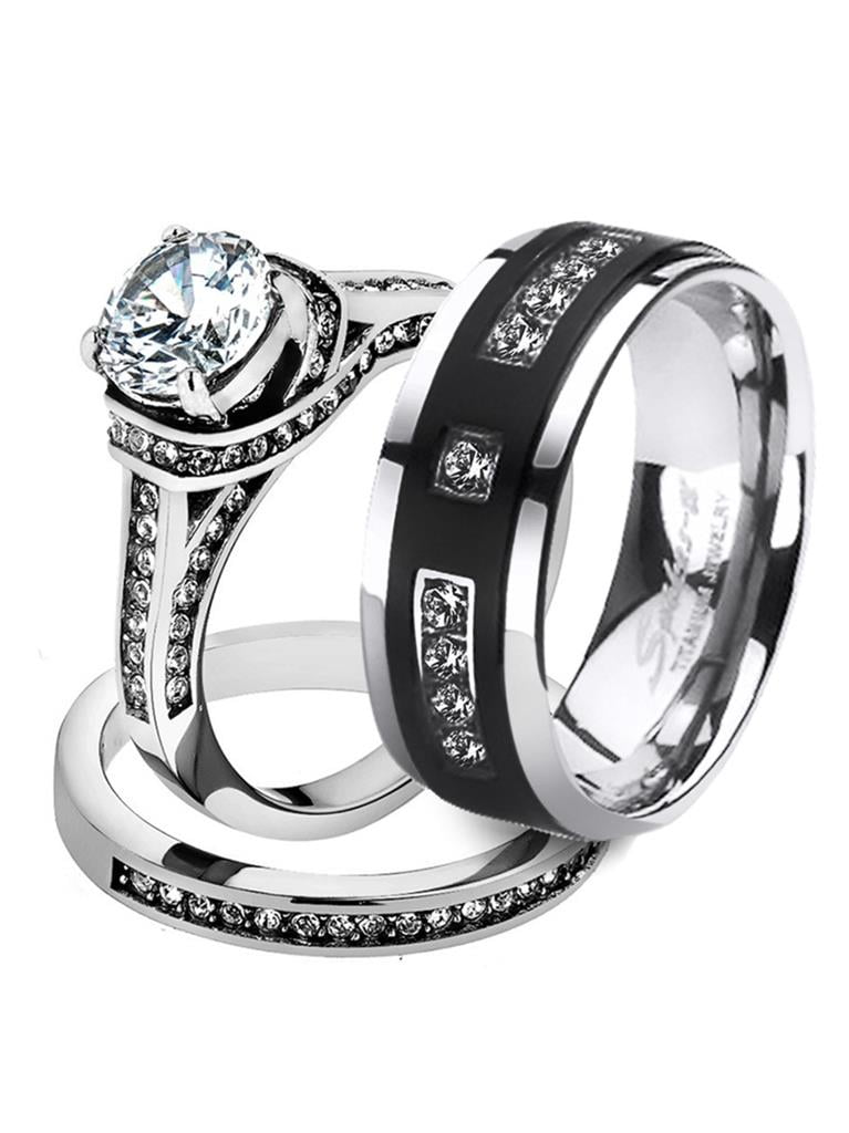 Her His 3pc Stainless Steel Wedding Engagement Ring & Titanium Wedding ...
