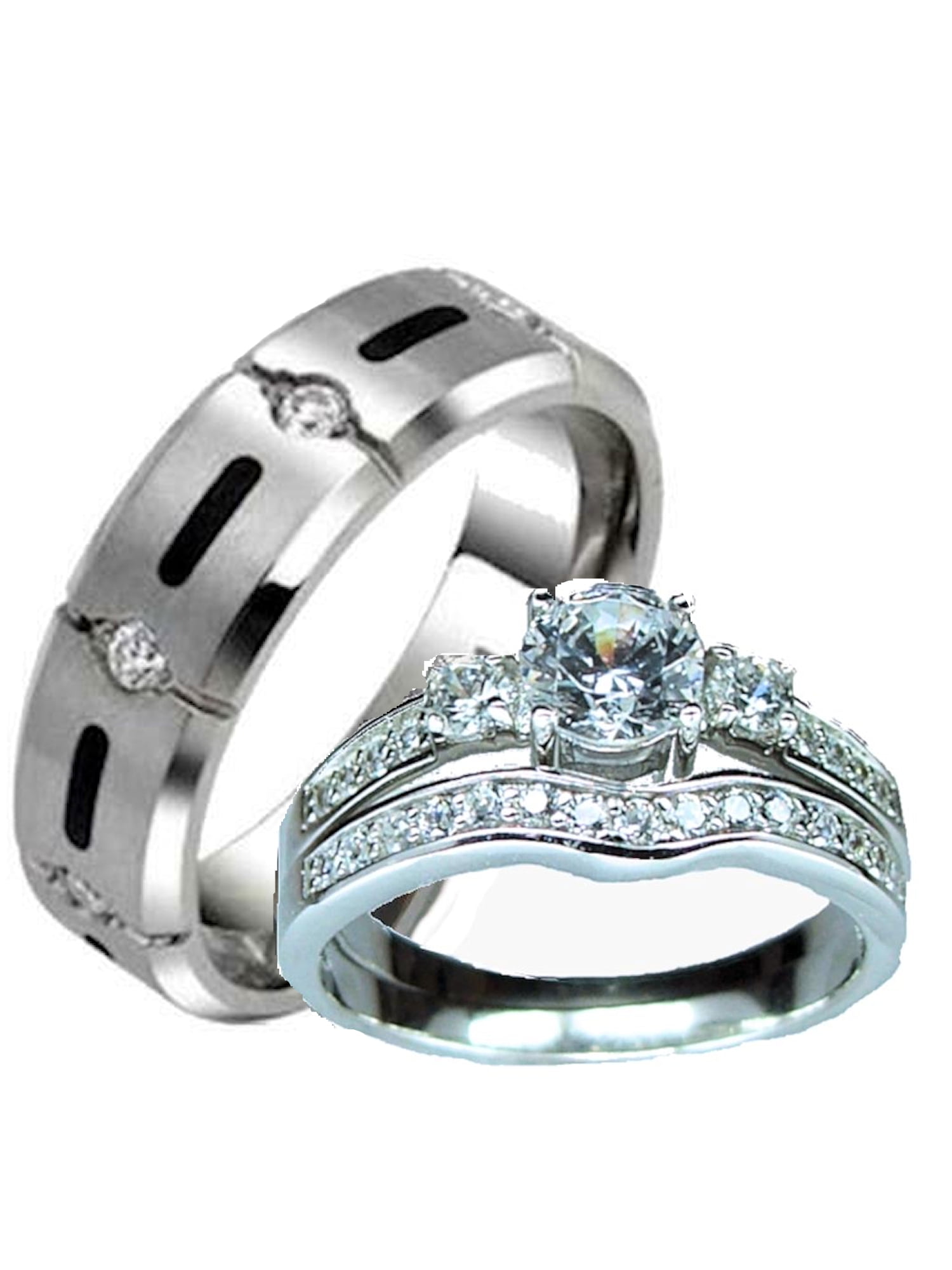 Her & His Sterling Silver and Titanium Cz Wedding Ring Set - Walmart.com