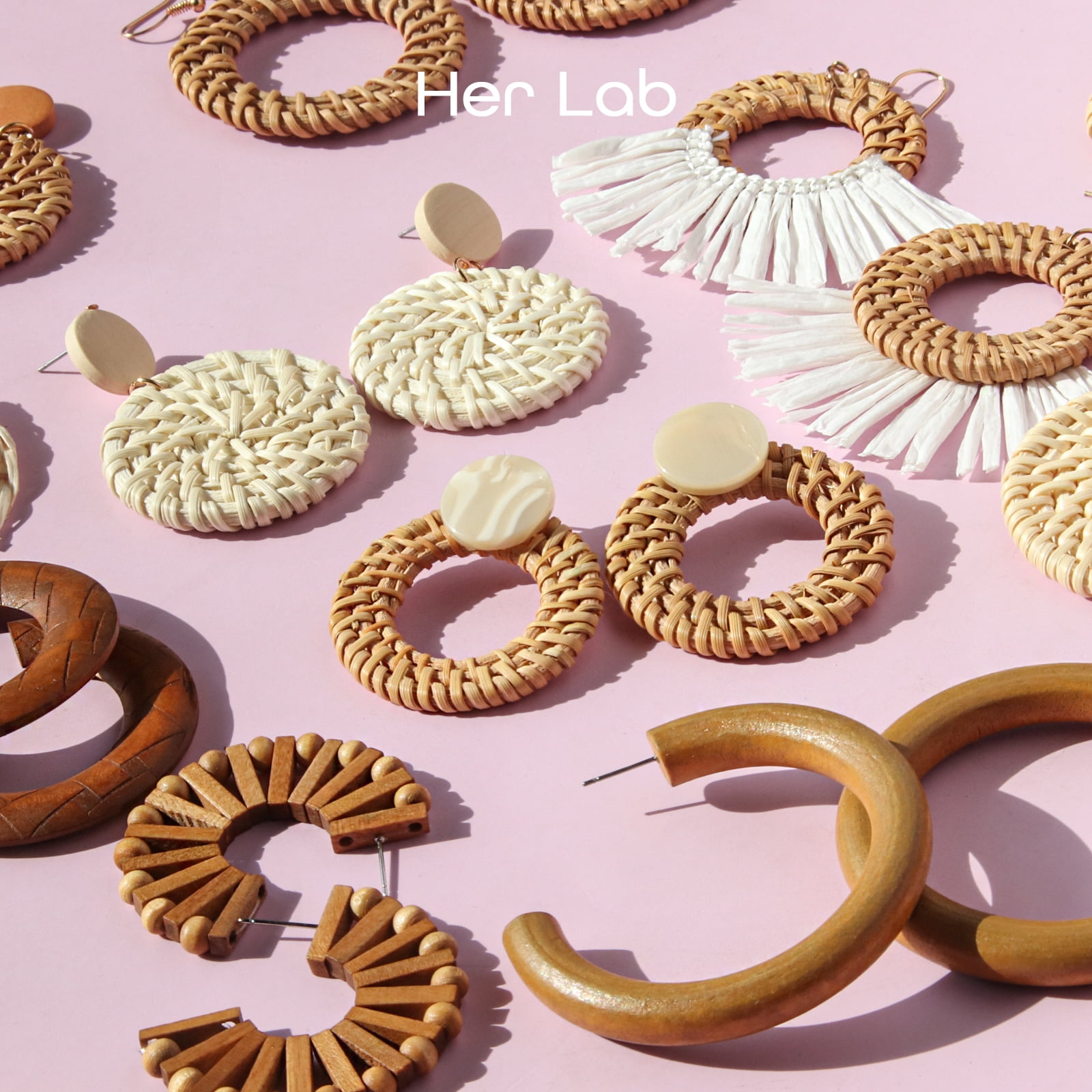 Her Lab | Rattan Straw Earring Handmade Boho Earrings Round Circle Disc Drop Earrings for Women ...