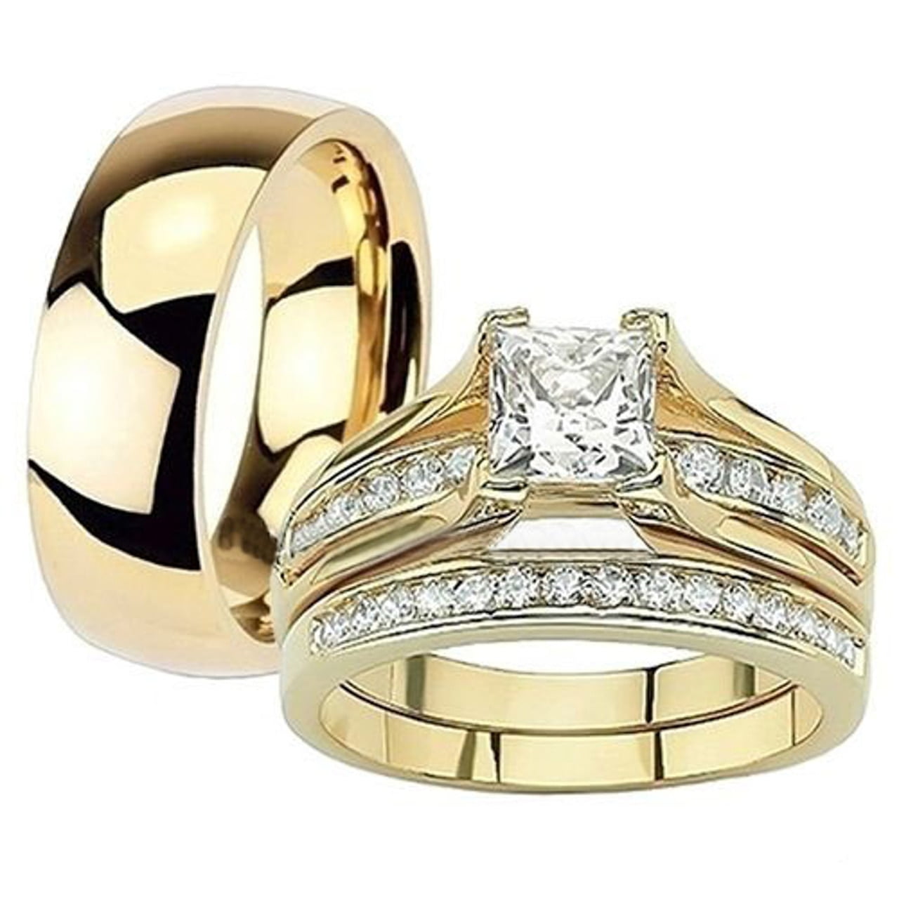 Her and His 14K G.P. Stainless Steel 3pc Wedding Engagement Ring and ...