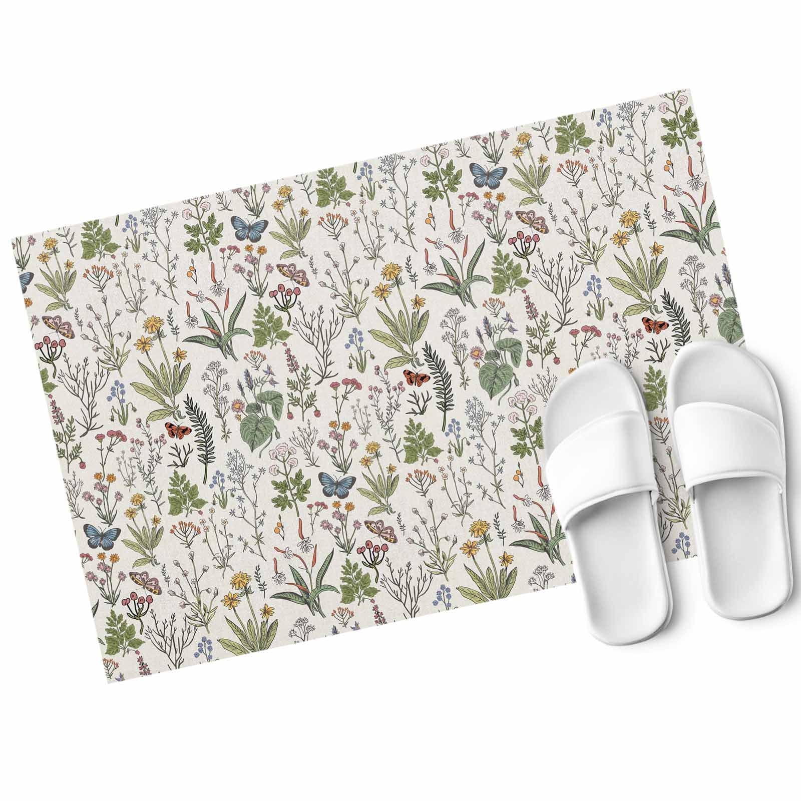 Herb Flower Texture Door Mat Retro Watercolor Country Farmhouse Non ...