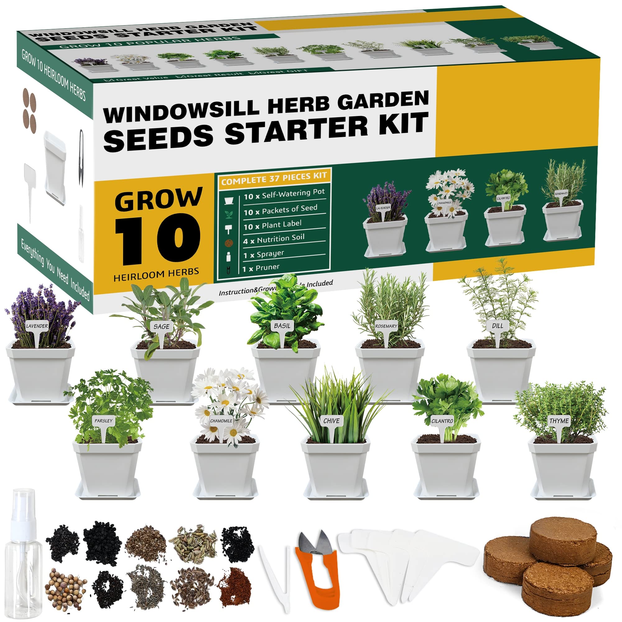 Herb Grow Kit, 10 Herb Seeds MVR1 DIY Garden Starter Kit, Complete ...