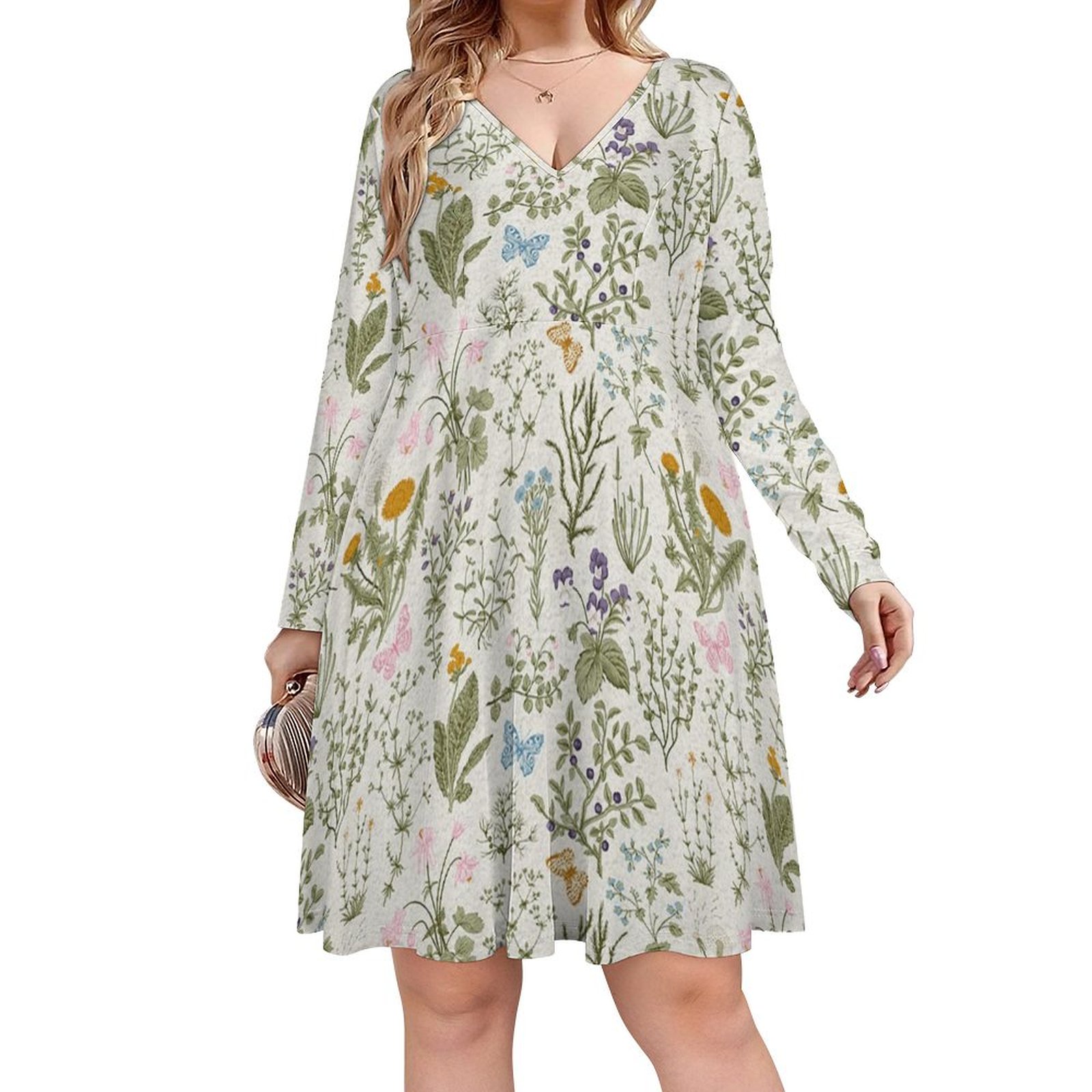 Herb Plants Botanical Leaves with Flower Long Sleeve Sexy Dresses For ...