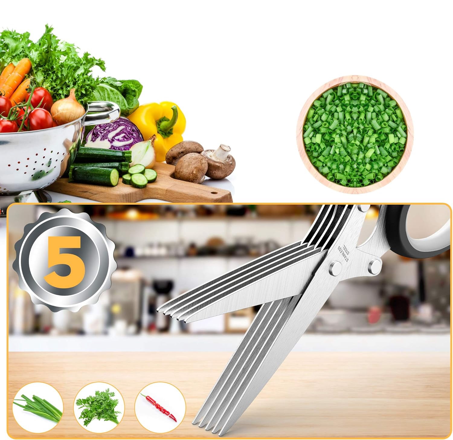 Herb Scissors Set - Sharp 5-Blade Shears with Cover, Anti-Rust ...