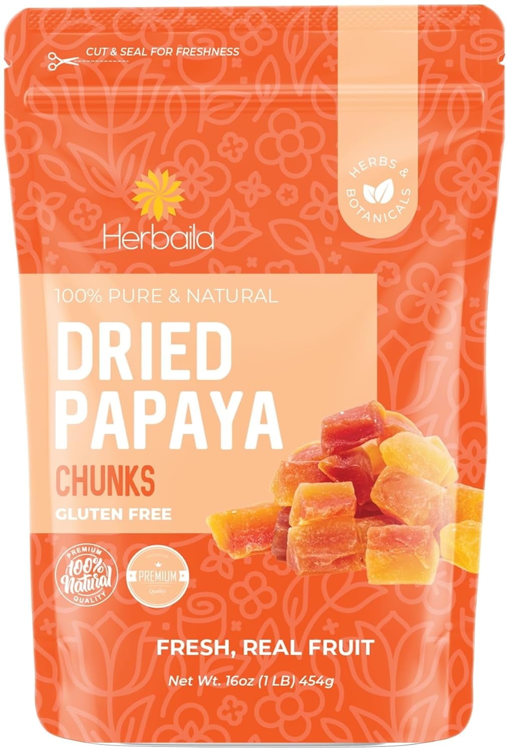Herbaila, Dried Papaya Chunks, 16oz Lightly Sweetened, Resealable ...