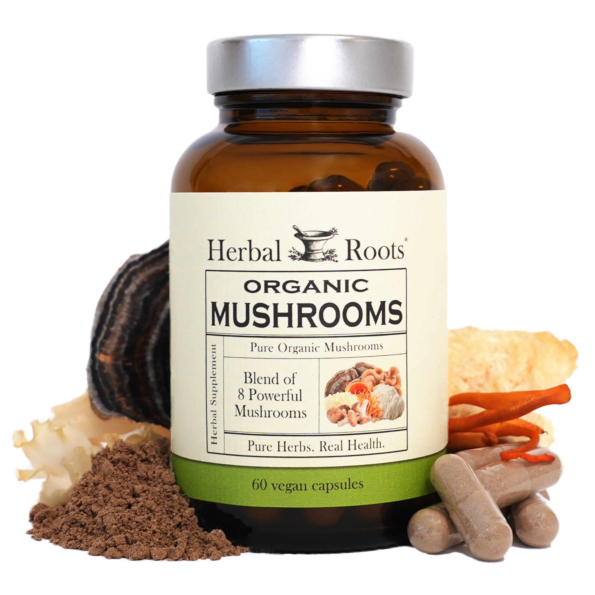 Herbal Roots Mushroom Extract Capsules - Certified Organic, 8 Species ...