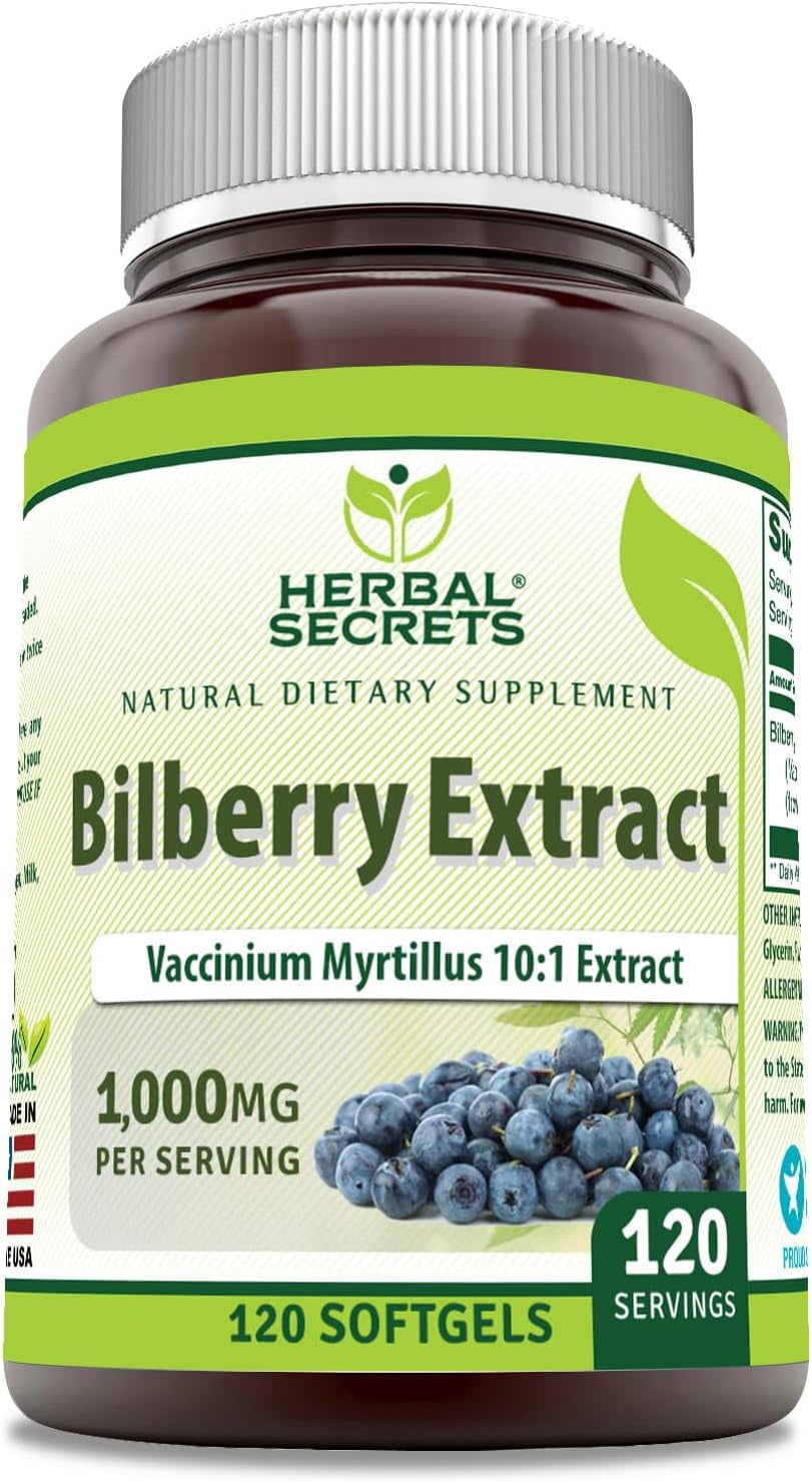 Herbal Secrets Bilberry Extract, Non-GMO, 1000 Mg, 120 Gluten-Free ...