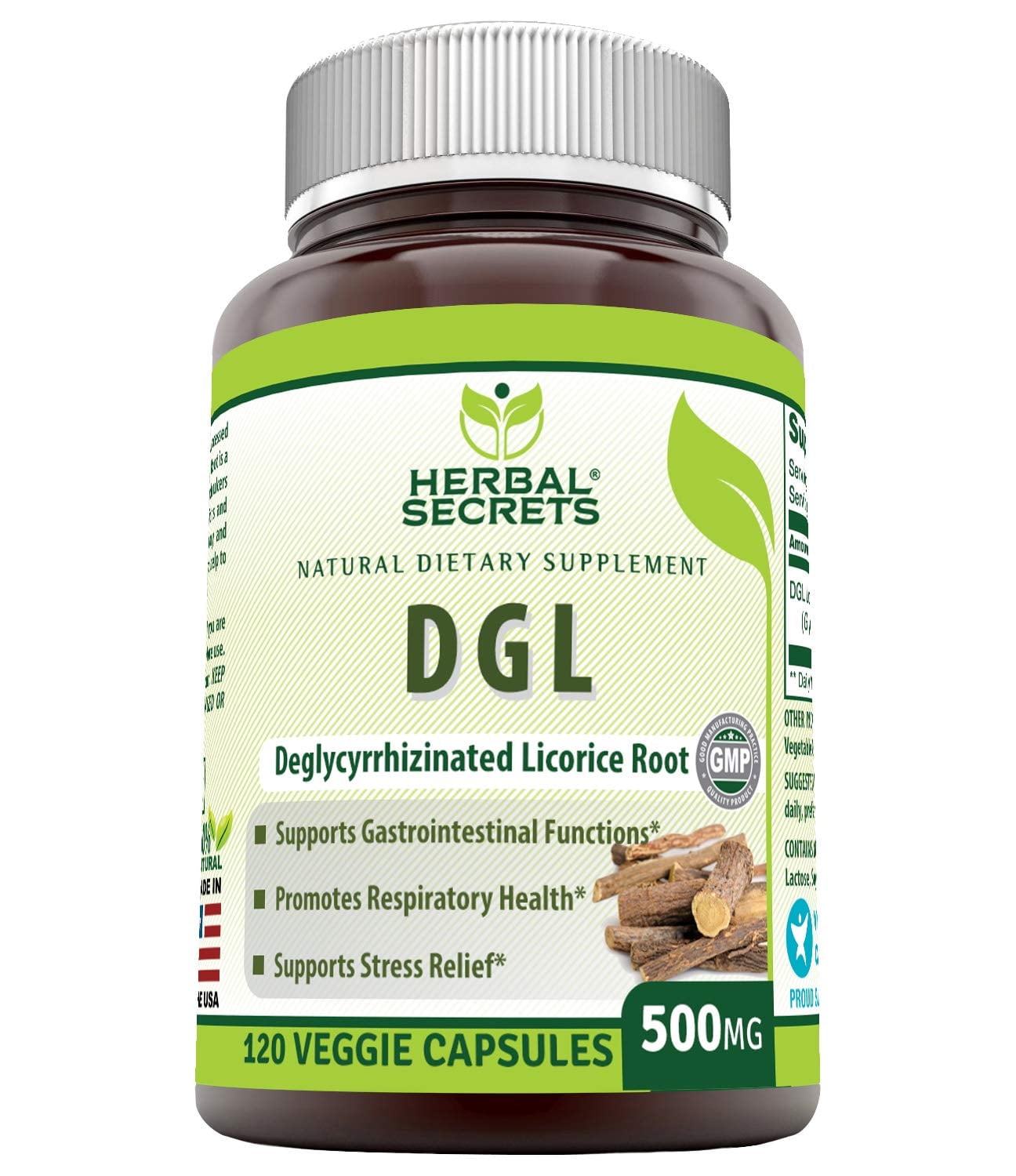 Herbal Secrets DGL(Deglycyrrhizinated licorice root) 500 mg 120 Veggie ...