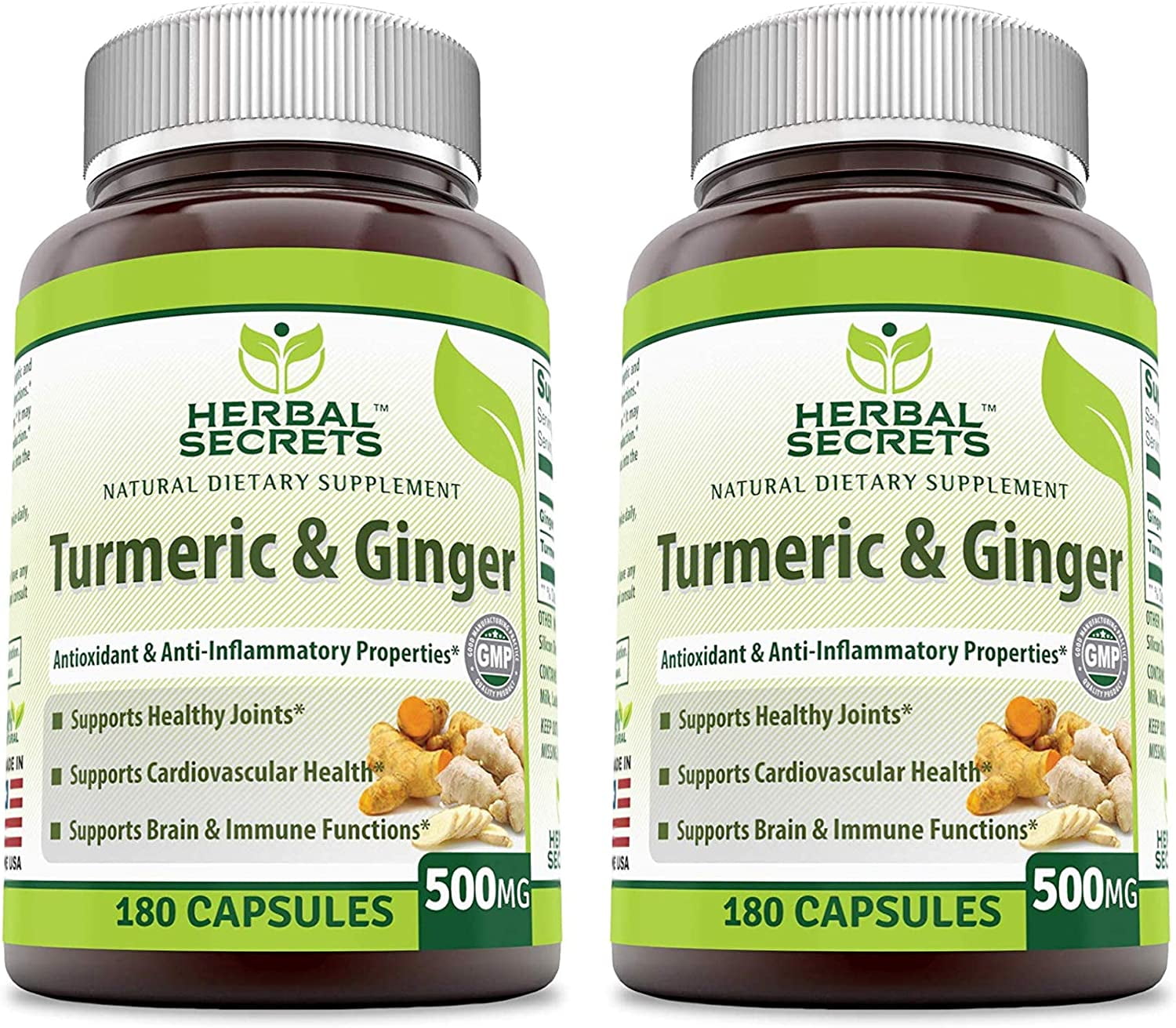 Herbal Secrets Turmeric & Ginger Supplements, 500 Mg, 180 Veggie Capsules, Non-GMO, Pack of 2 ...