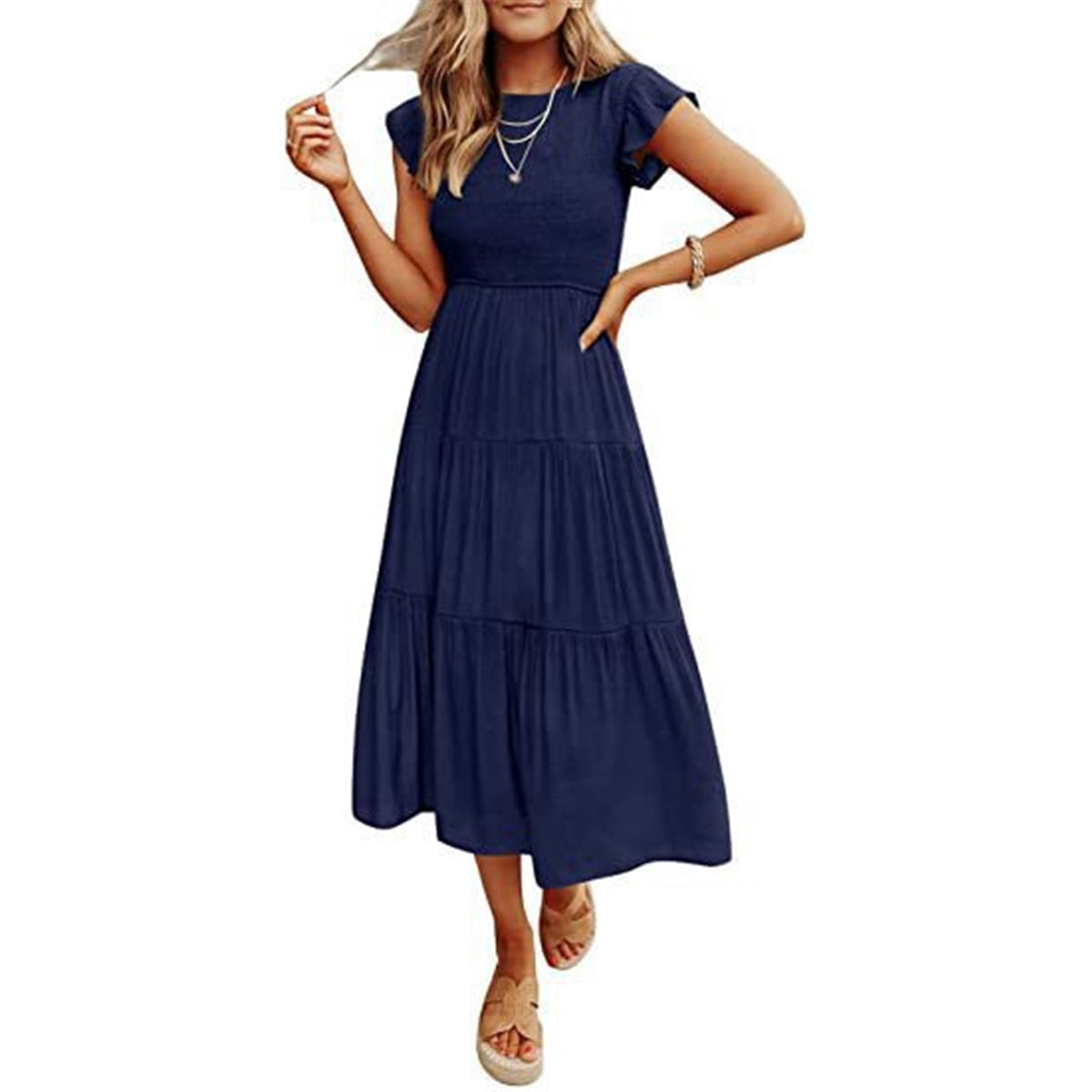 Herbert Women's Flutter Sleeve Tiered Maxi Dress, Smocked Elastic Waist ...