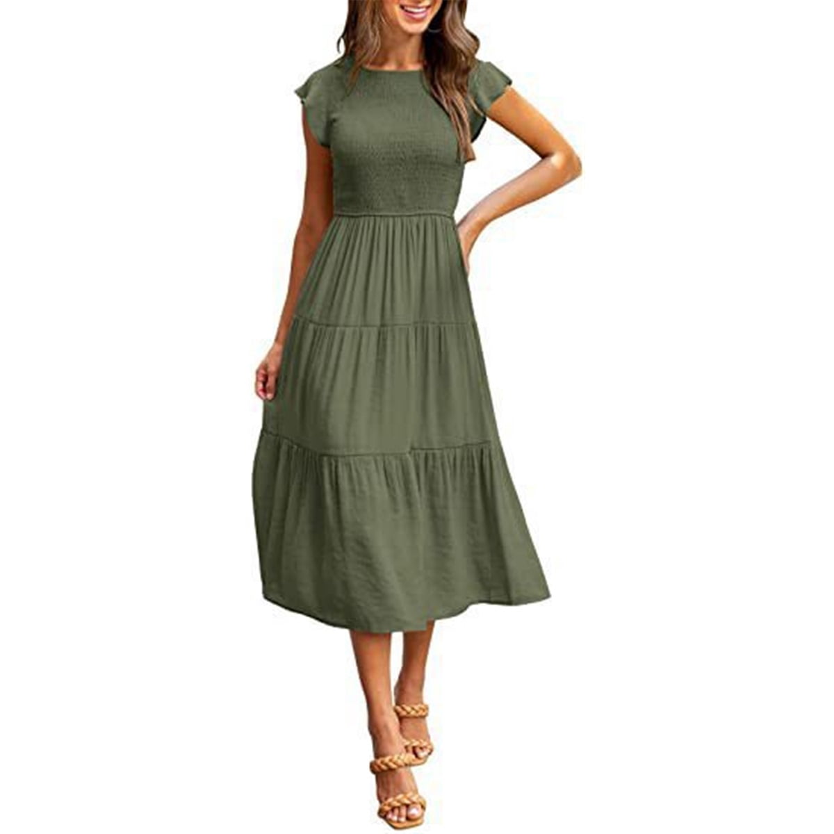 Herbert Women's Flutter Sleeve Tiered Maxi Dress, Smocked Elastic Waist ...