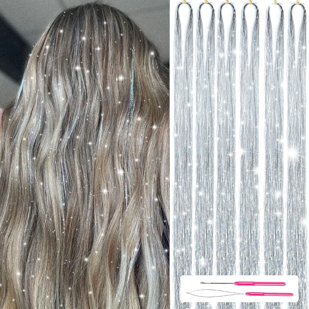 Herbiar Hair Tinsel Kit Silver Colors 47inch 1200 Strands Extensions ...