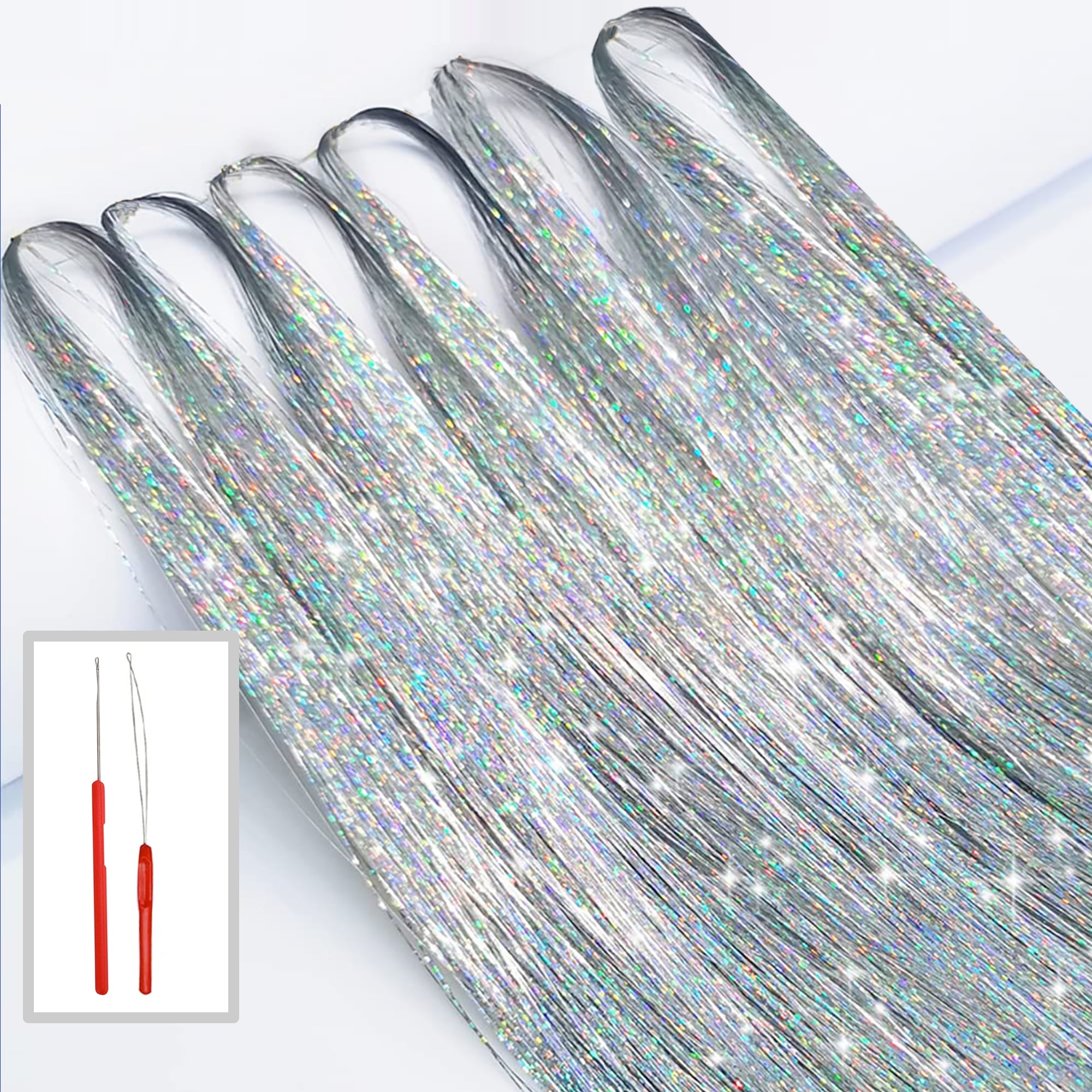 Herbiar Hair Tinsel Kit Silver Colors 47inch 1200 Strands Extensions Women Girls Heat Resistant ...