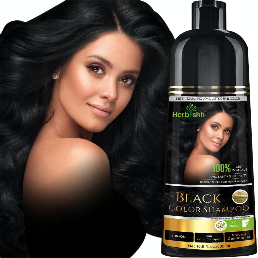 Herbishh Black Color Shampoo for Gray Hair, Permanent, Men & Women (500 ...