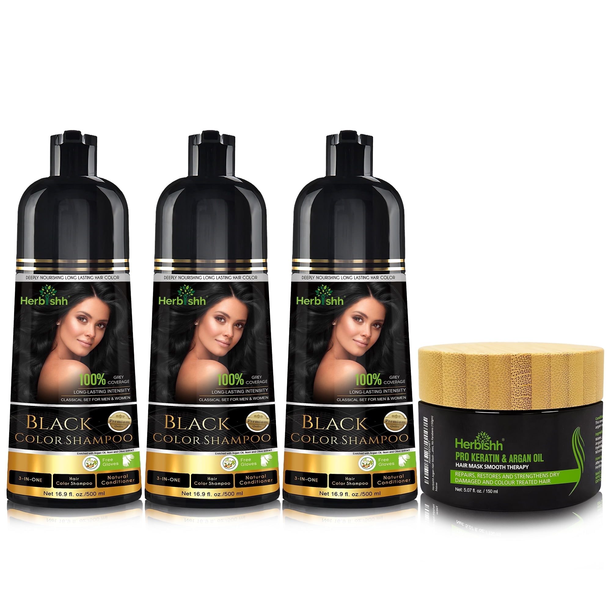 Herbishh Herbal Black Hair Color Shampoo Kit Covers Gray (3pcs Color ...