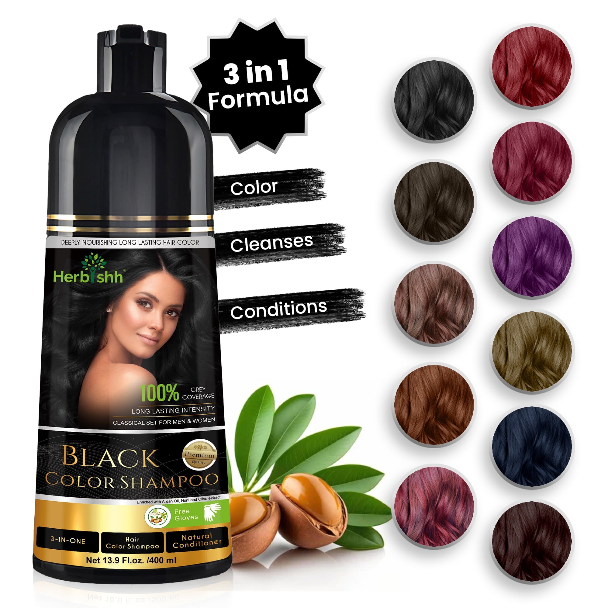 Herbishh Black Hair Color Shampoo, 3-in-1 Gray Coverage, Permanent Hair ...