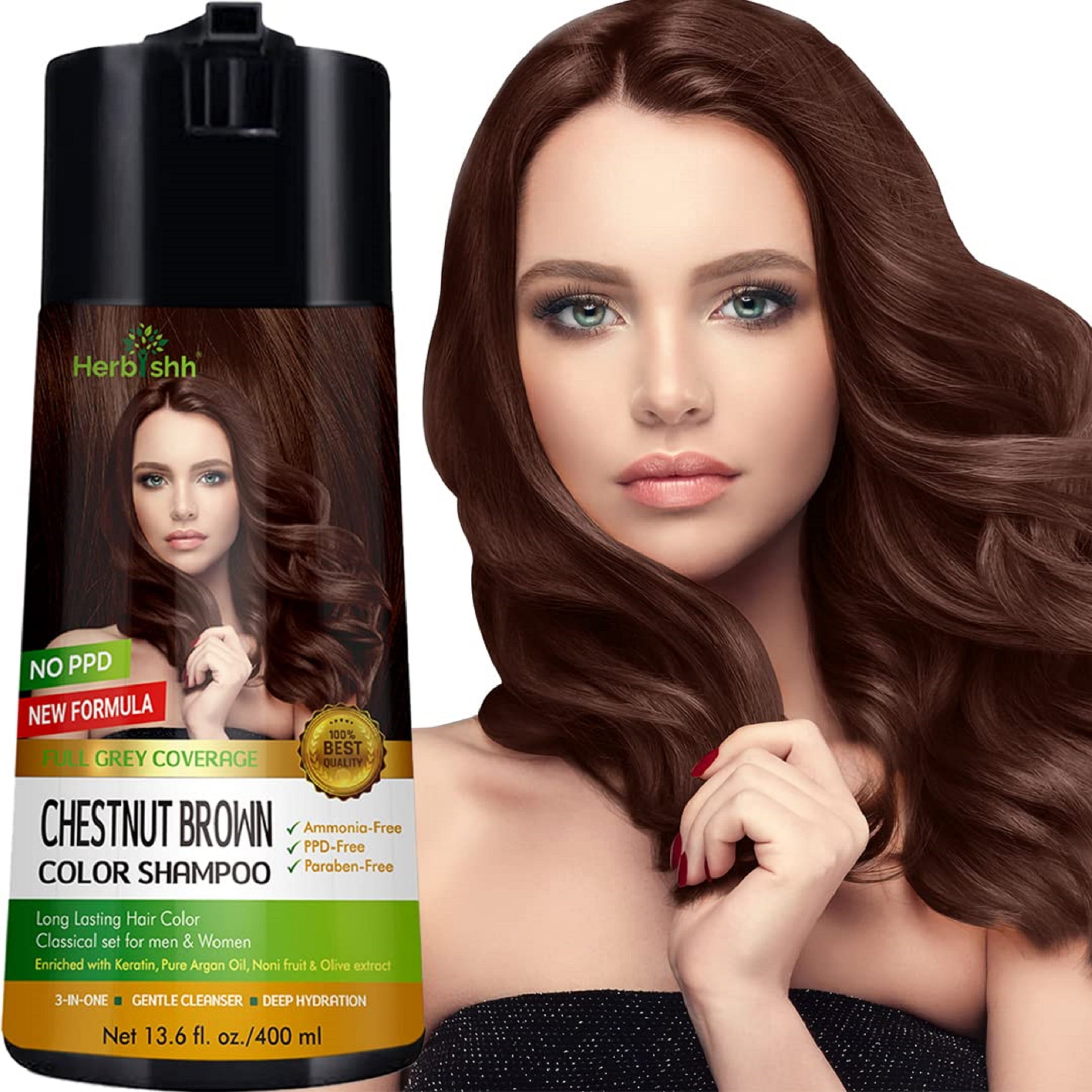 Herbishh Chestnut Brown Color Shampoo For Gray Hair Permanent Men And Women Ppd Free 400 Ml
