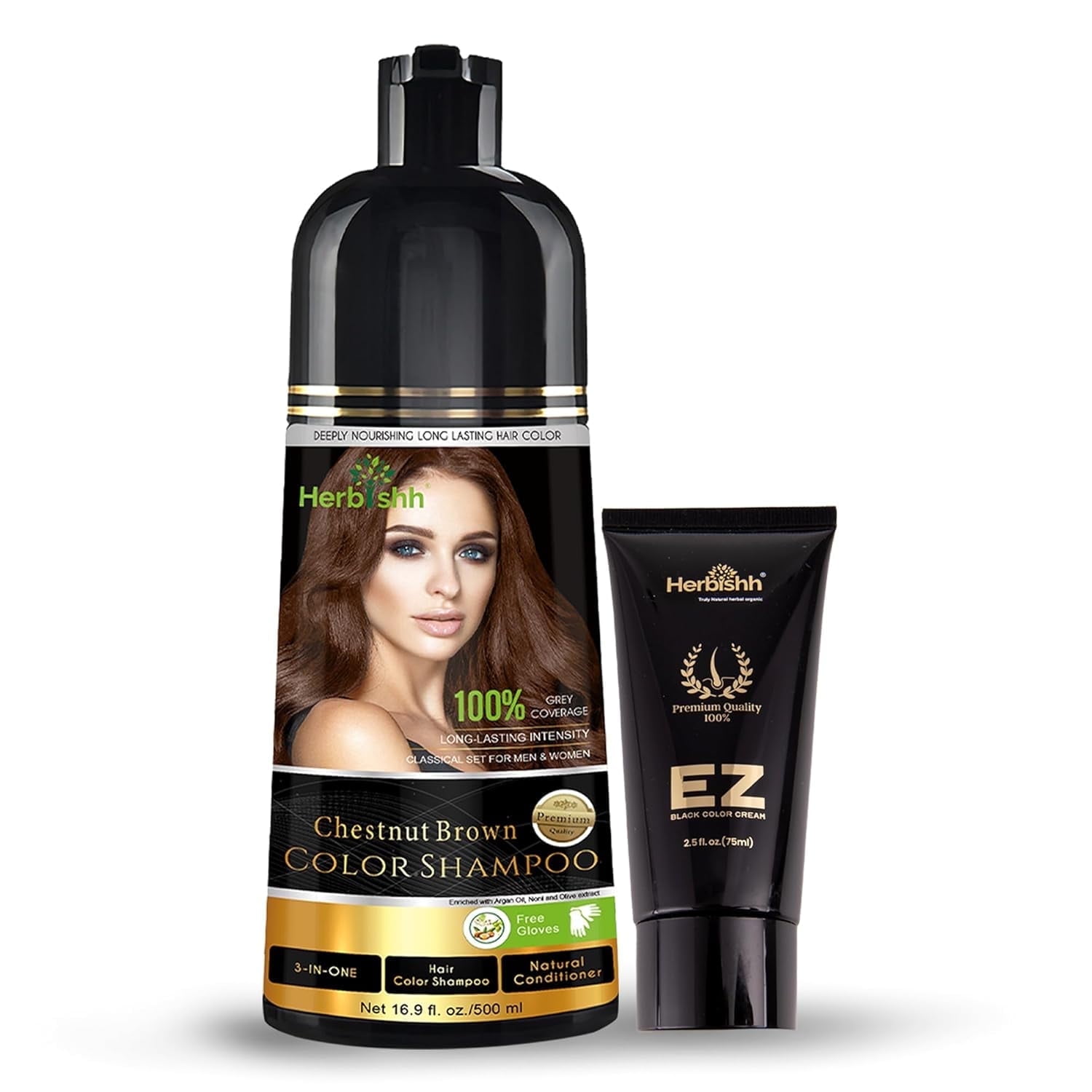 Herbishh Chestnut Brown Hair Color Shampoo & Black Cream for Gray Hair ...