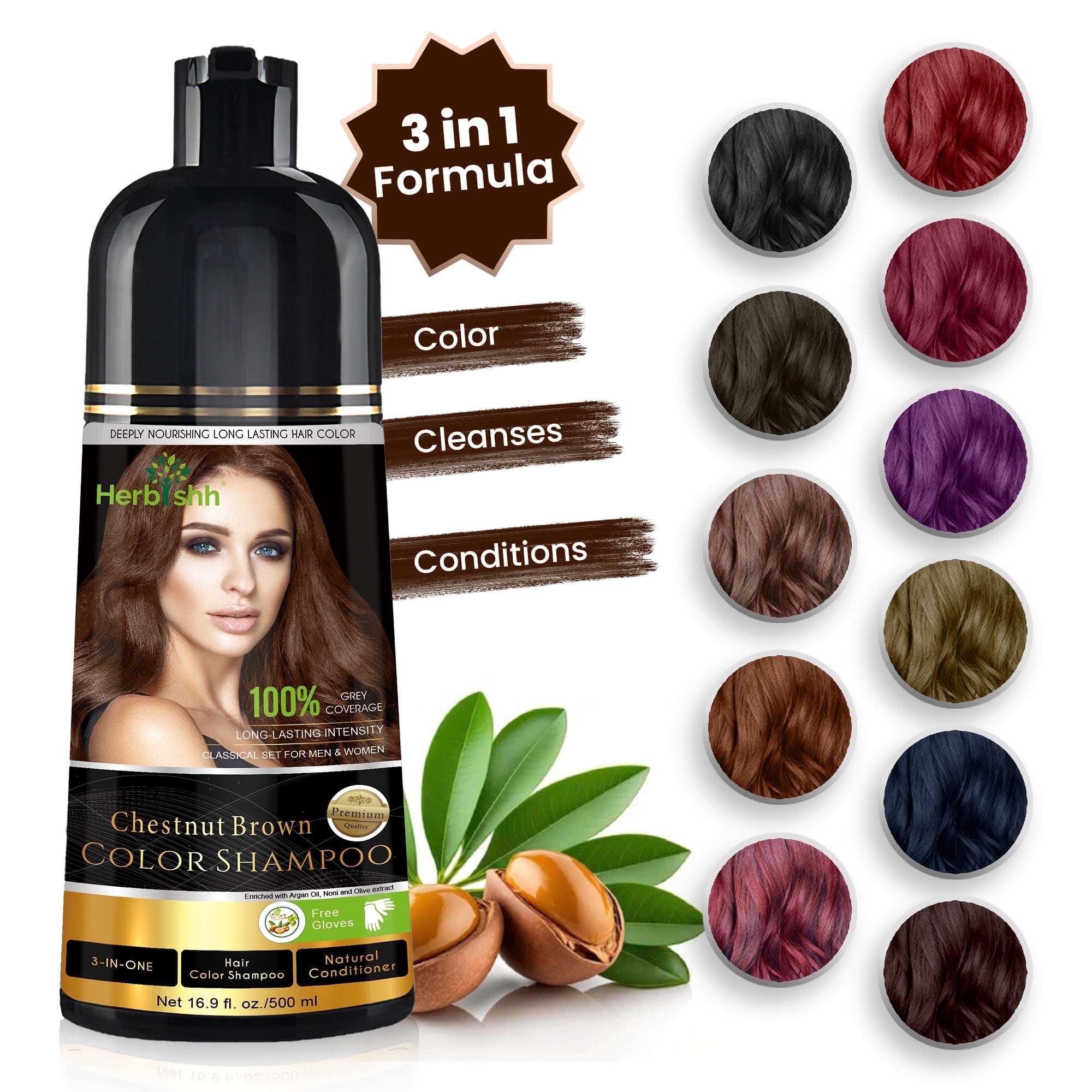 Herbishh Chestnut Brown Hair Color Shampoo for Gray Hair, Hair Dye ...