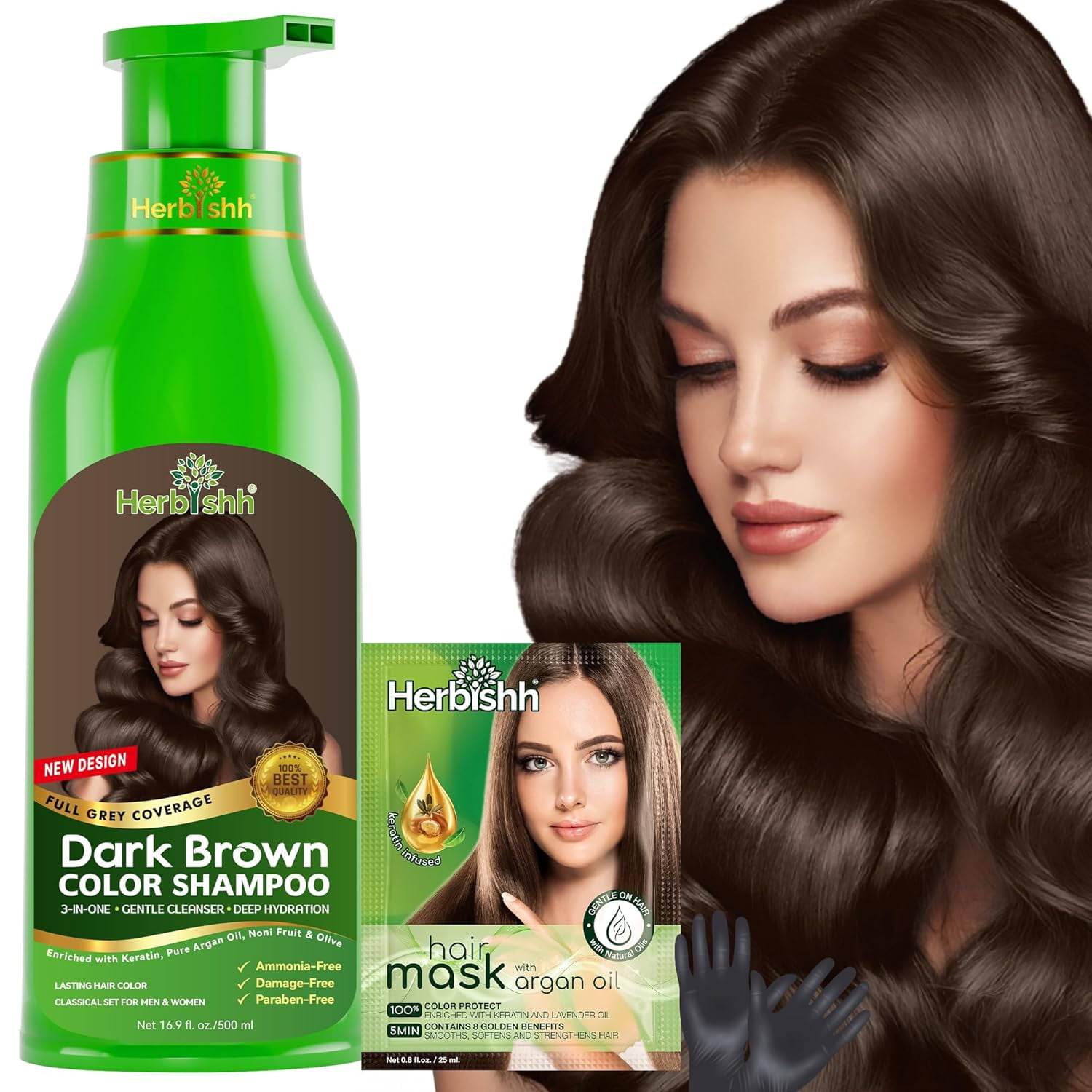 Herbishh Dark Brown Hair Color Shampoo, 500ml, Permanent Dye, Covers ...