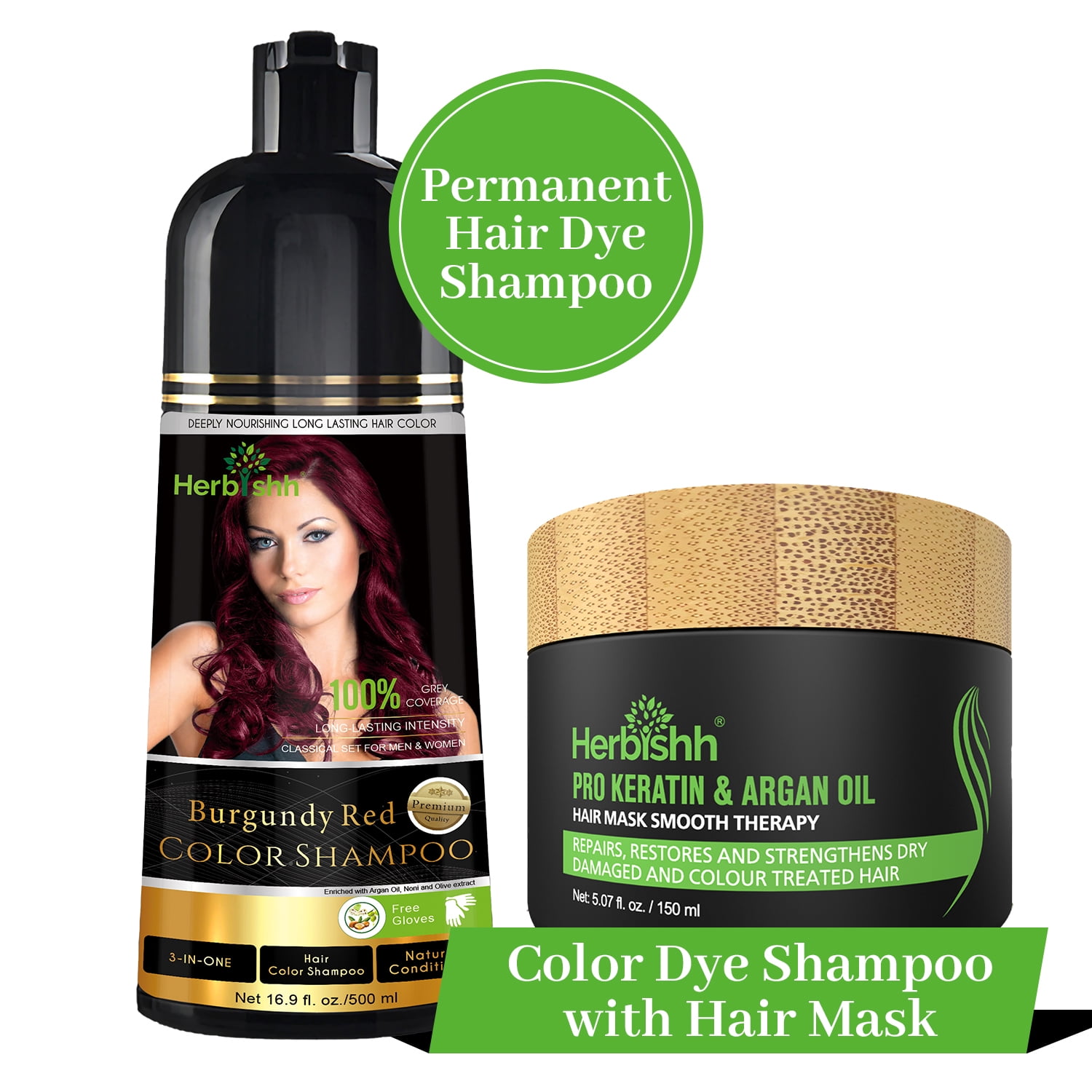 Herbishh Hair Color Shampoo for Grey Hair 500ml + Argan Hair Mask for ...
