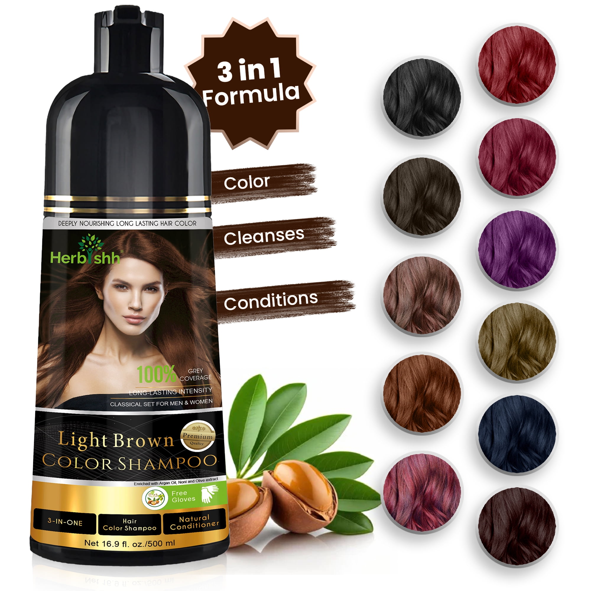 Herbishh Light Brown Hair Color Shampoo for Gray Hair, Hair Dye Shampoo 3 in 1, 100% Gray ...