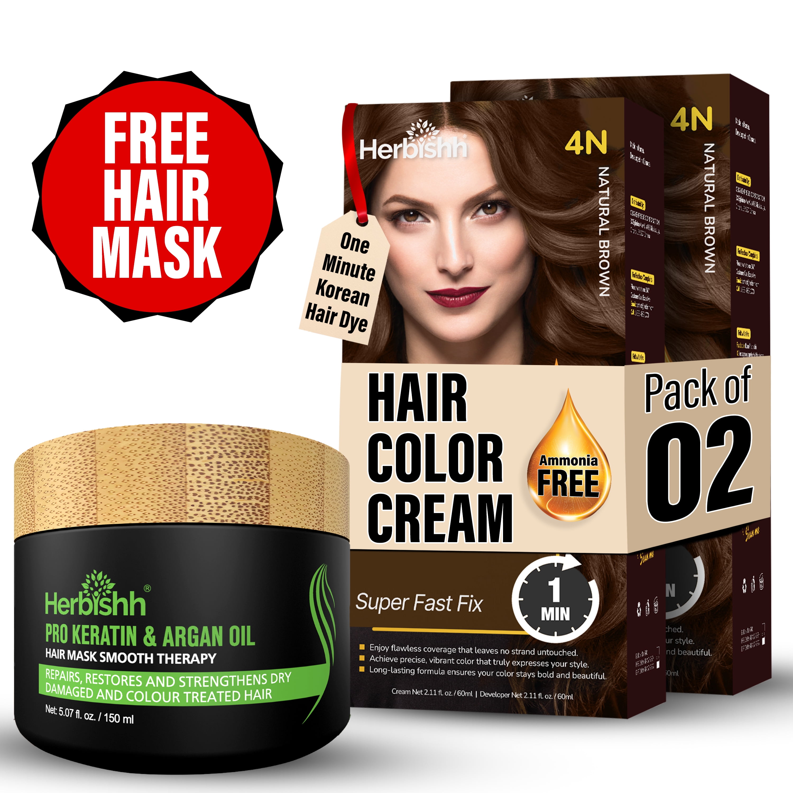 Herbishh Rapid Infusion Hair Color Cream 4N Natural Brown, Permanent ...