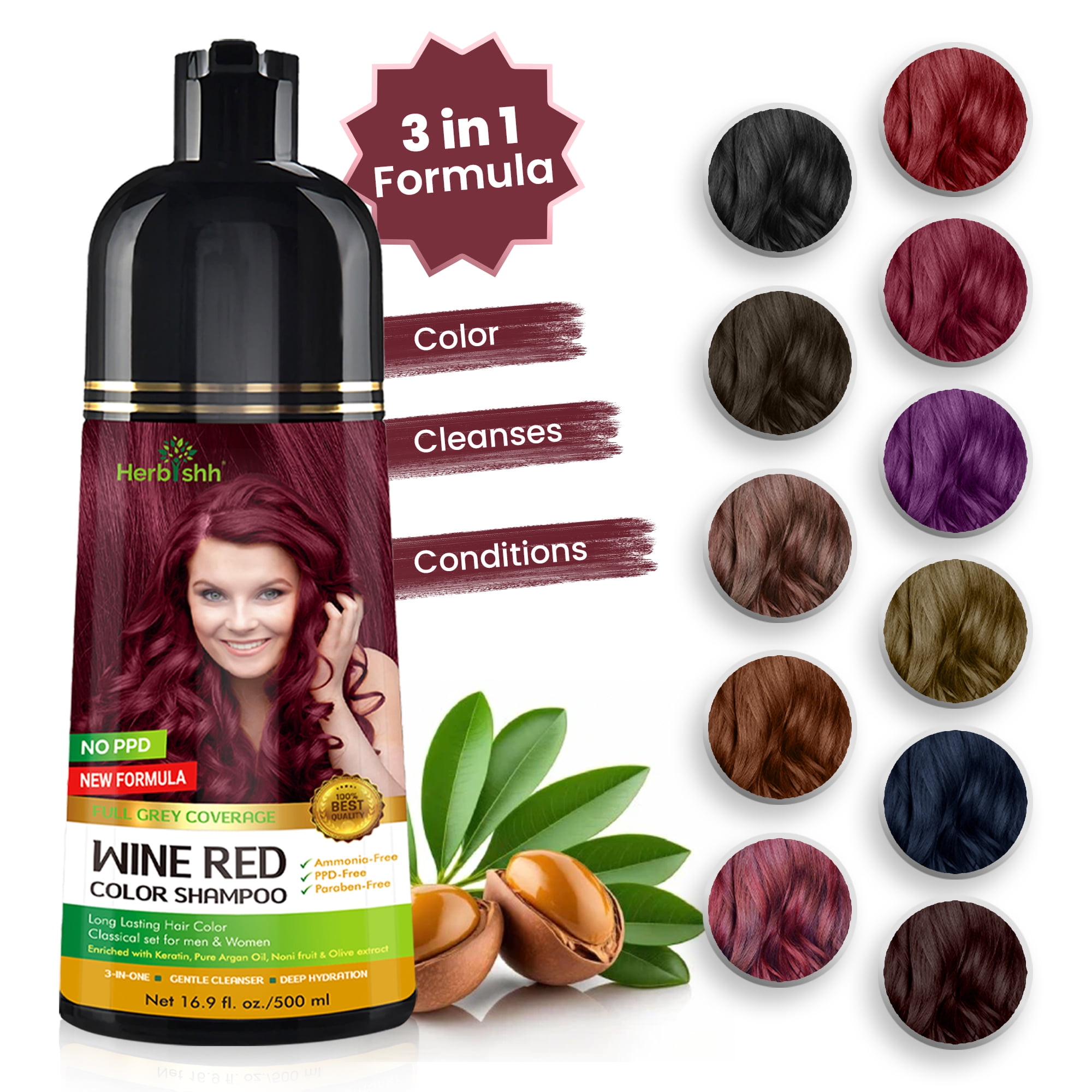 Herbishh Wine Red Hair Color Shampoo for Gray Hair, Hair Dye Shampoo 3 ...