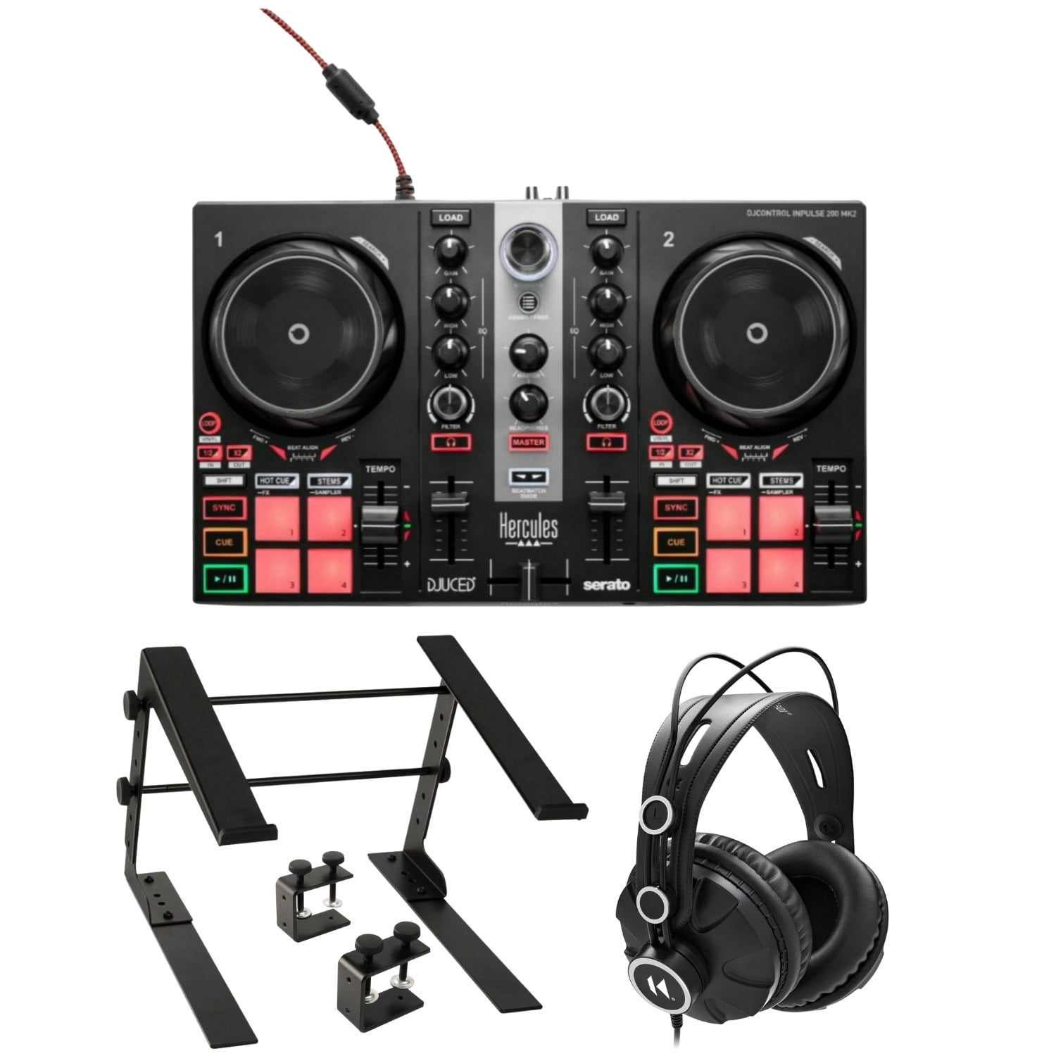 Hercules DJ Control Inpulse 200 MK2 2-Channel DJ Controller Starter Kit Mixer Package with Stand ...