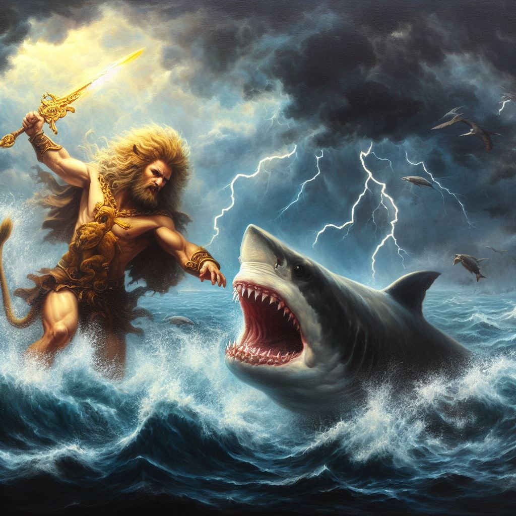 Hercules Fighting A Shark Digital Matte Painting - 12" x 18" Art Print ...