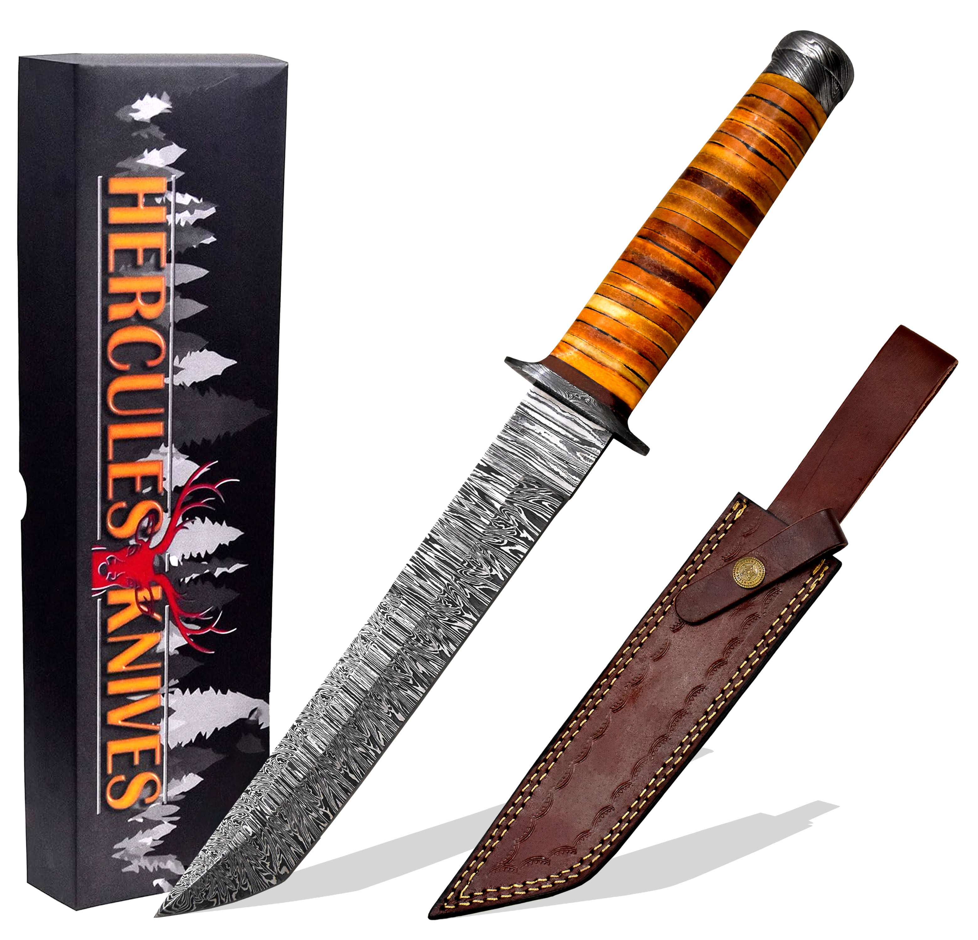 Hercules Knives Custom Hand Forged Damascus Steel Fixed Blade Tanto ...