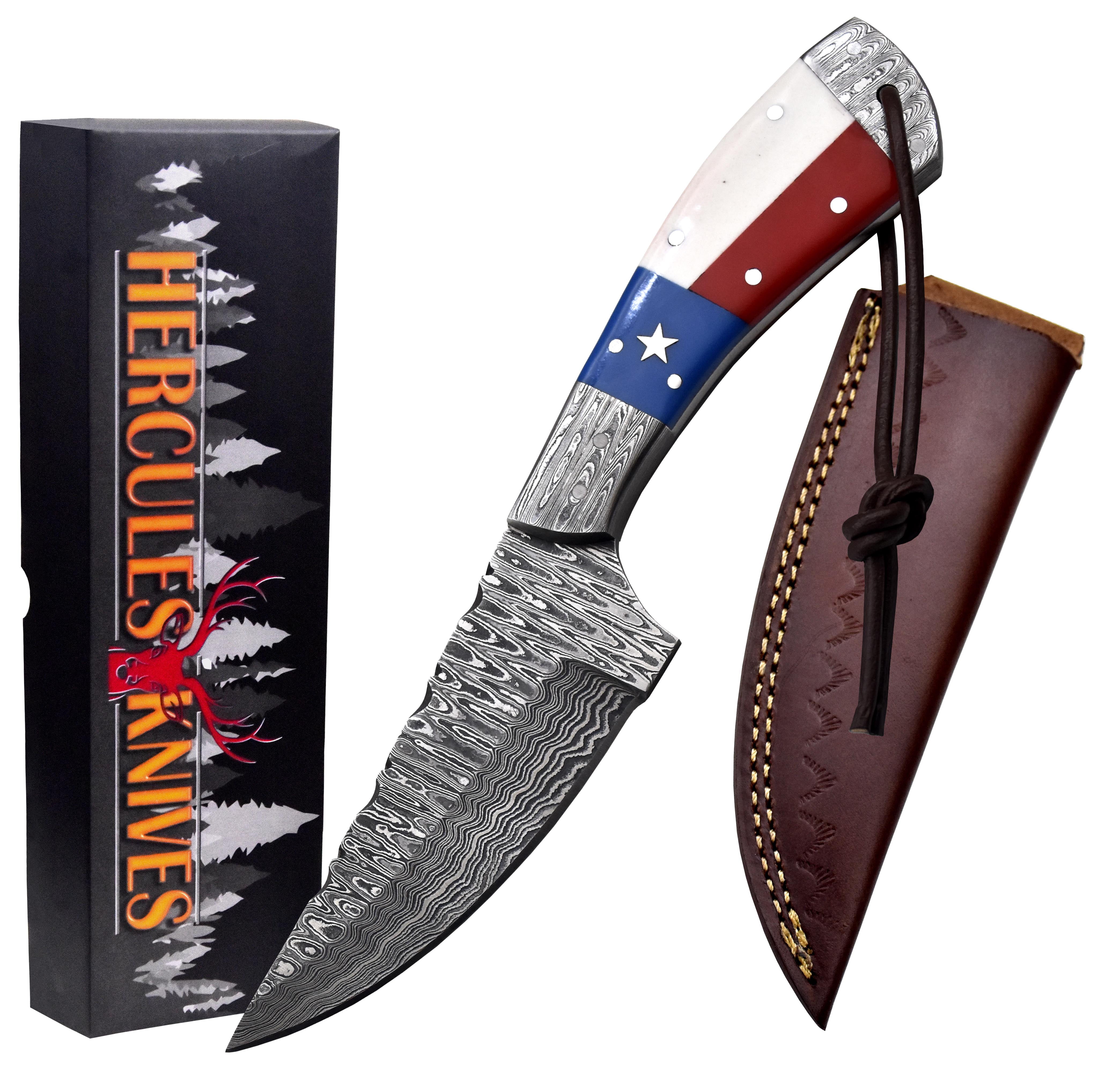 Hercules Knives Damascus Steel Camping Hunting Knife with Leather ...