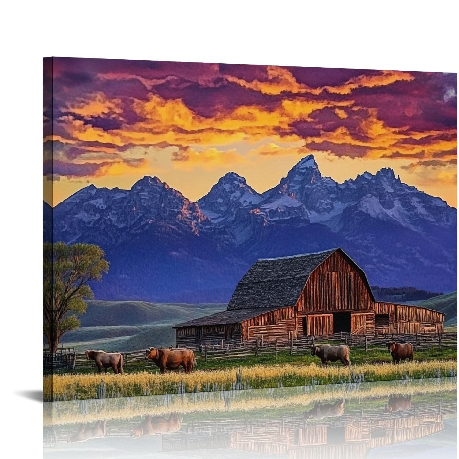 A Herd of Buffalo Walk in Front of Barn, , Canvas Wall Art Print Joseph ...