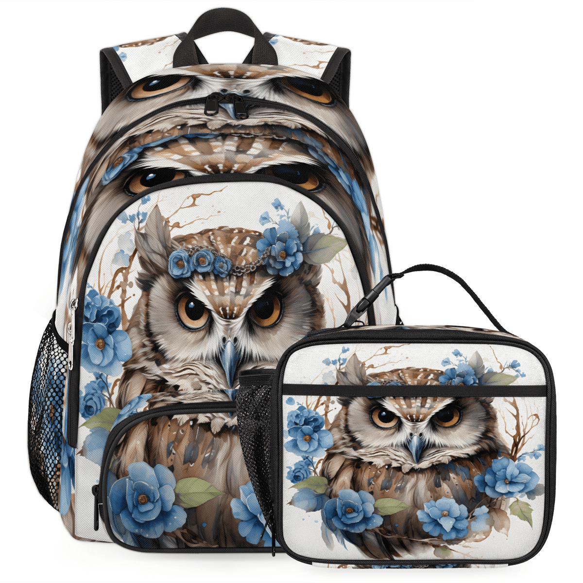 Herdesigns Cartoon Owl Backpack with Lunch Box Flower Owl Lightweight ...