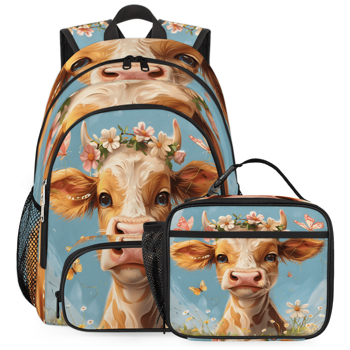 Herdesigns Cattle Cow Backpack with Lunch Box Watercolor Floral ...