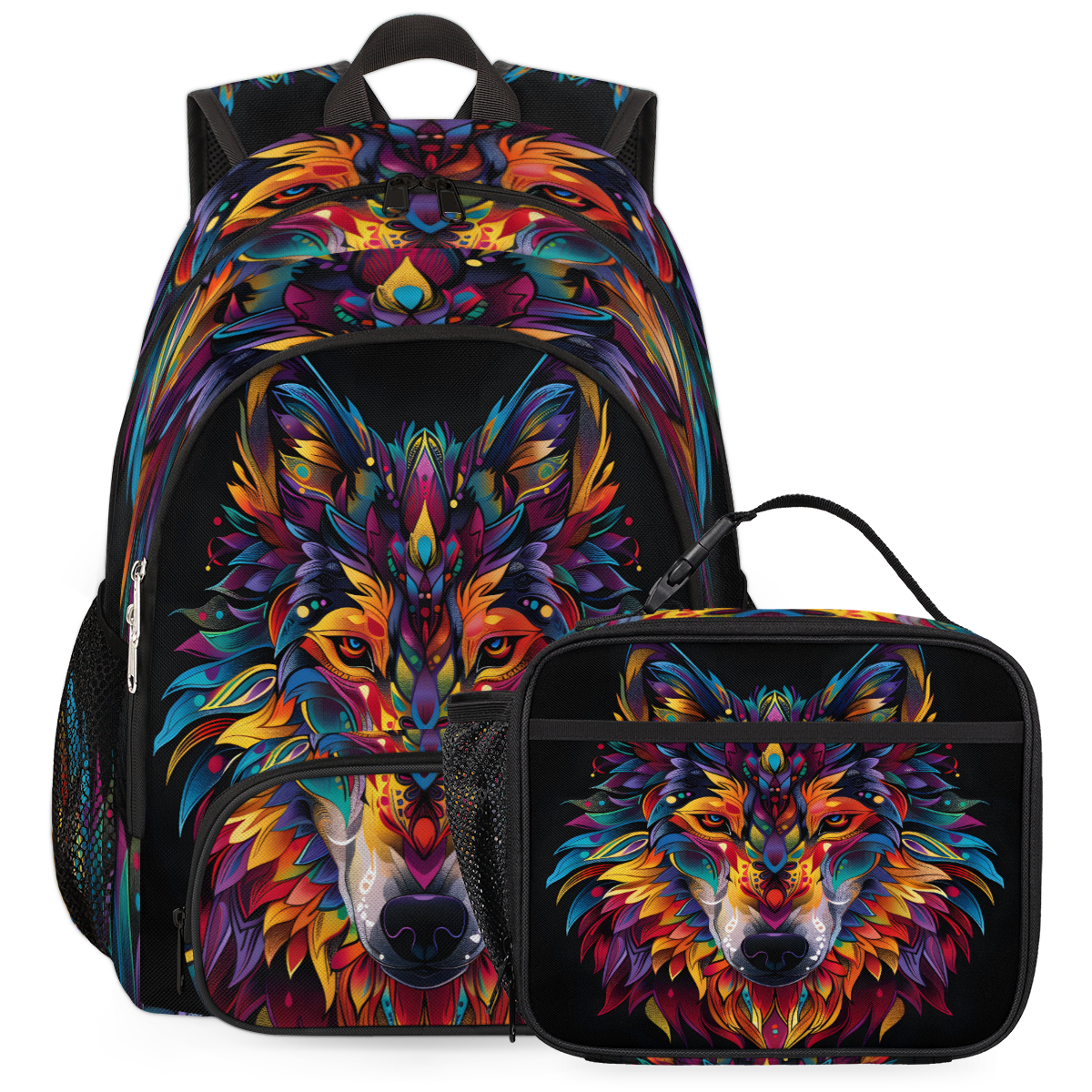 Herdesigns Cool Wolf Backpack with Lunch Box Wild Animal Lightweight ...