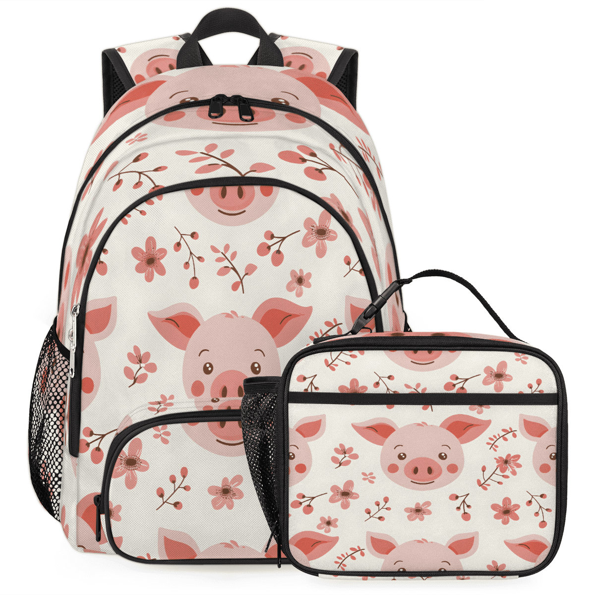 Herdesigns Cute Pig Faces Backpack with Lunch Box Pink Pig Lightweight ...
