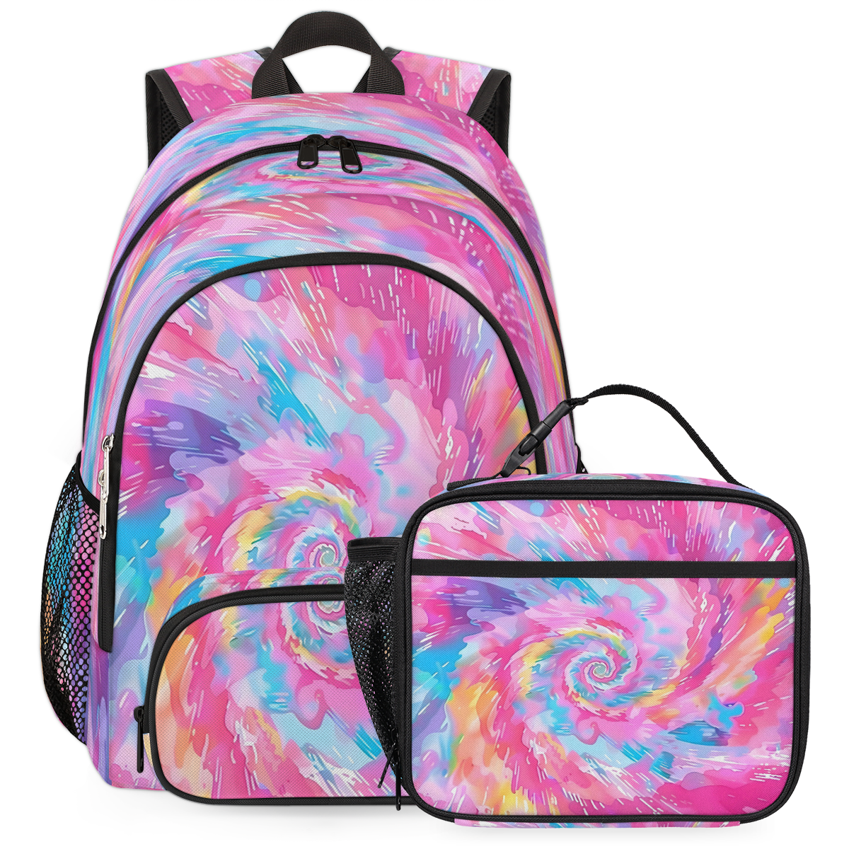 Herdesigns Cute Tie Dye Colorful Rainbow Large Backpack Set with Lunch ...