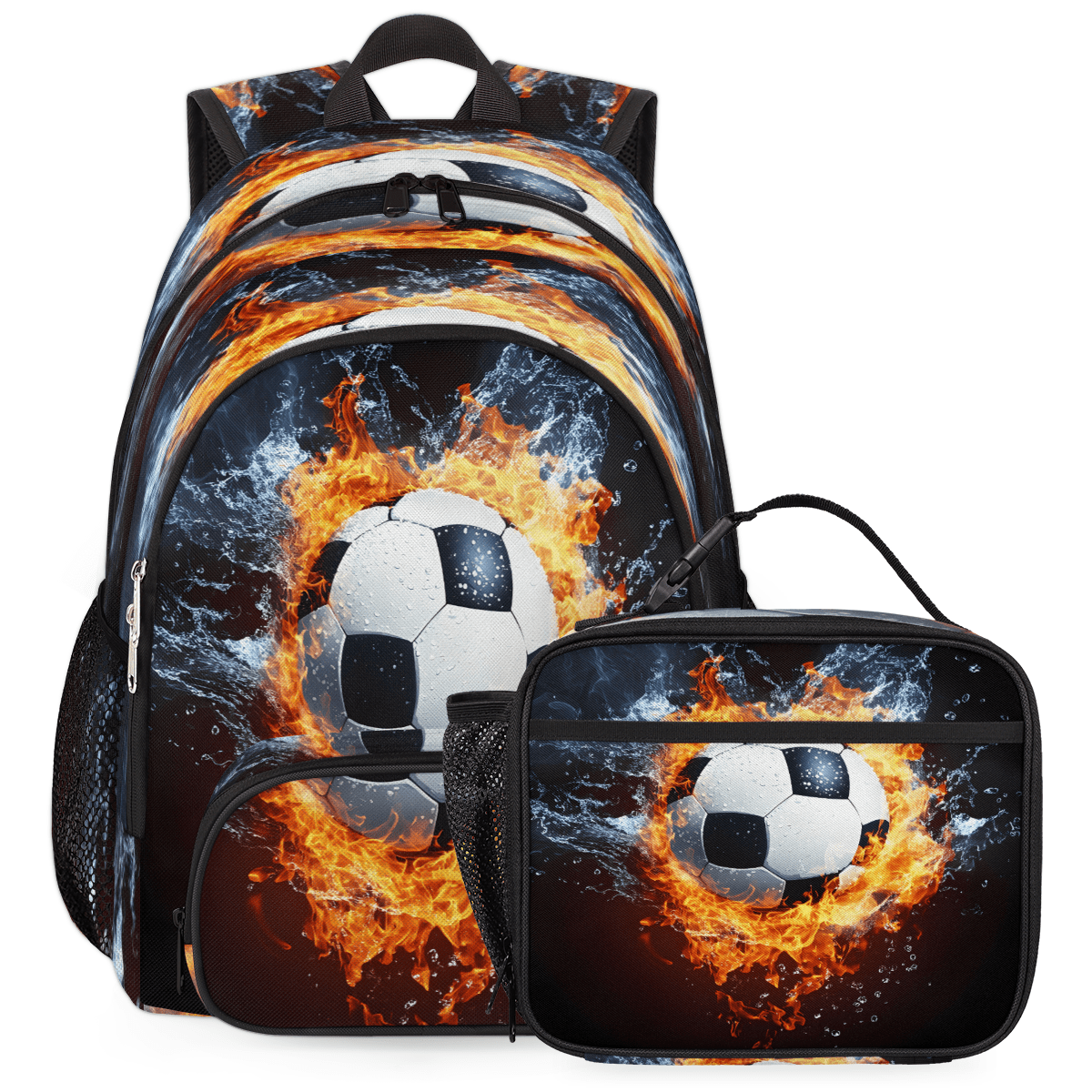 Herdesigns Fire Soccer Ball Large Backpack Set with Lunch Box ...