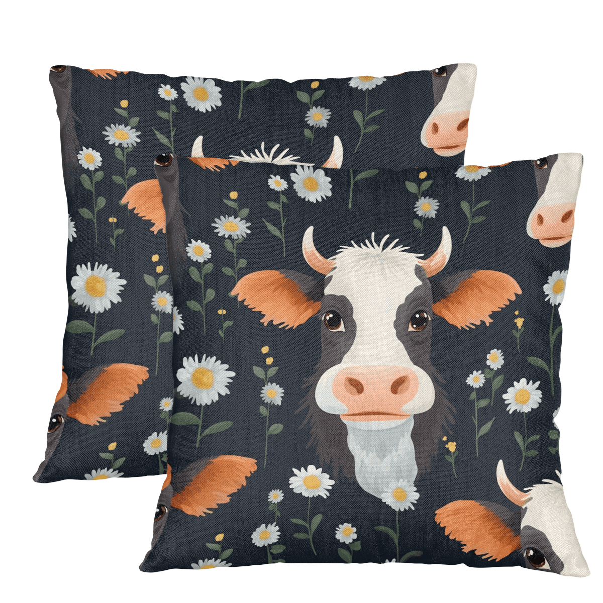 Herdesigns Floral Cow Linen Throw Pillow Covers, Pack of 2 Cushion ...
