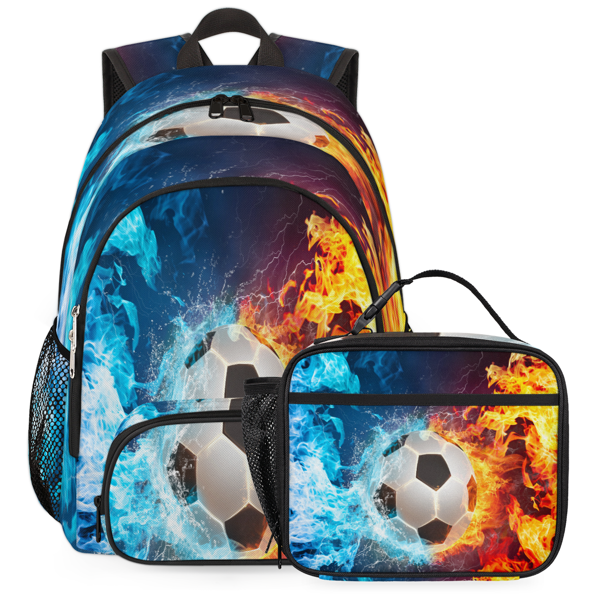 Herdesigns Football Ball Flame Large Backpack Set with Lunch Box ...