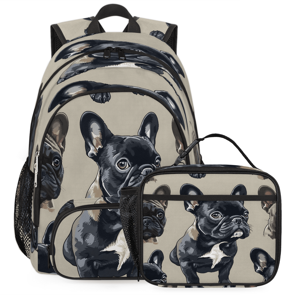 Herdesigns French Bulldog Large Backpack Set with Lunch Box Lightweight ...