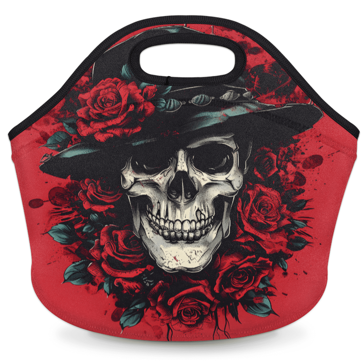 Herdesigns Gothic Skull Skeleton Neoprene Lunch Bag, Red Rose Insulated ...