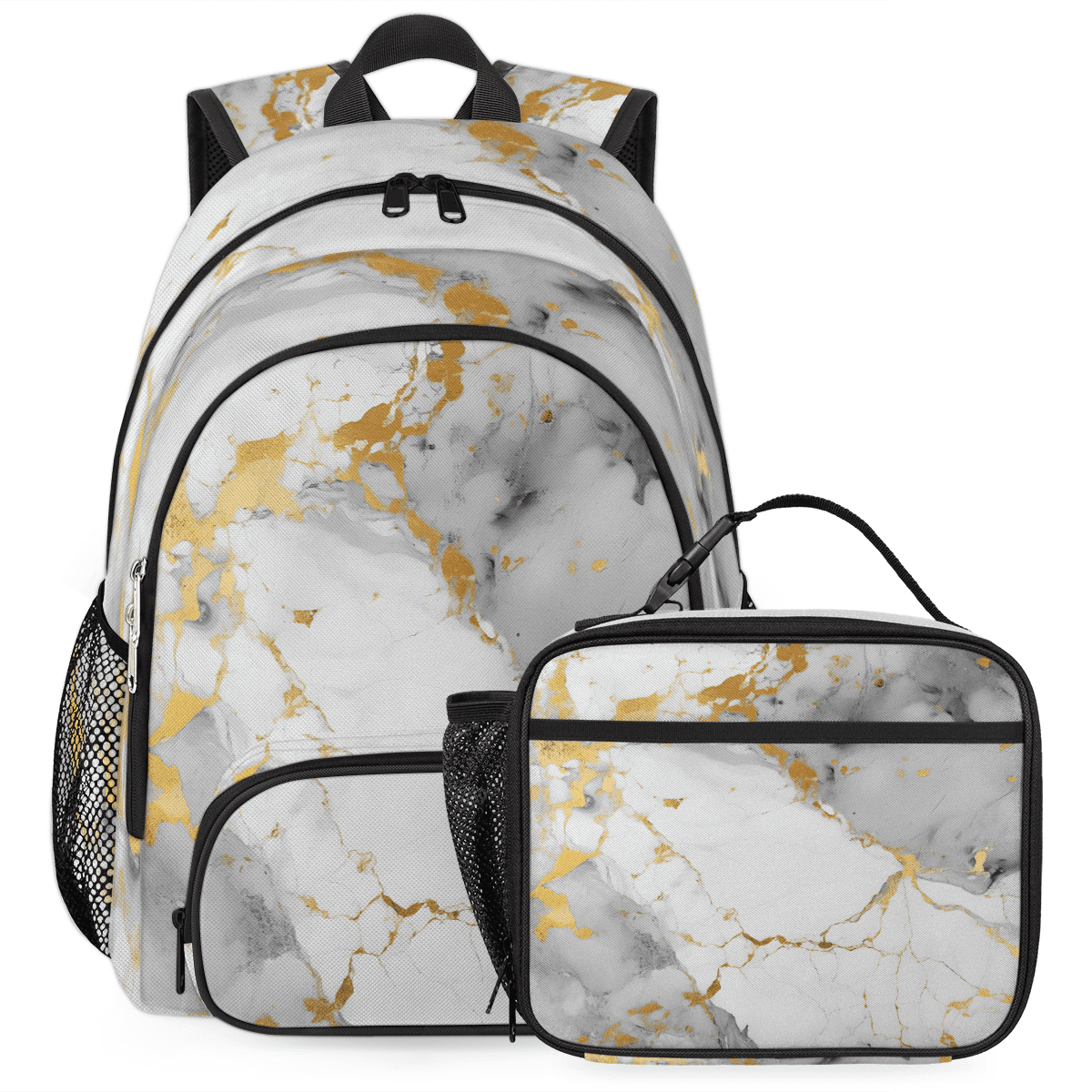 Herdesigns Grey White Gold Marble Backpack with Lunch Box Modern ...