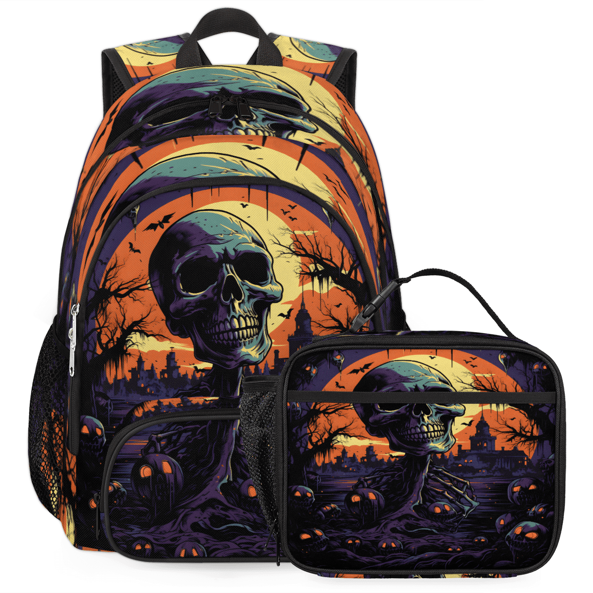 Herdesigns Halloween Skull Backpack with Lunch Box Skull Pattern ...