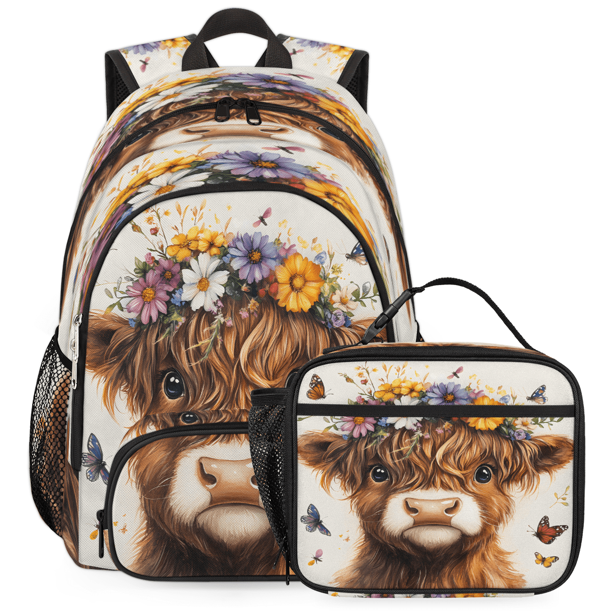 Herdesigns Highland Cow Large Backpack Set with Lunch Box Lightweight ...