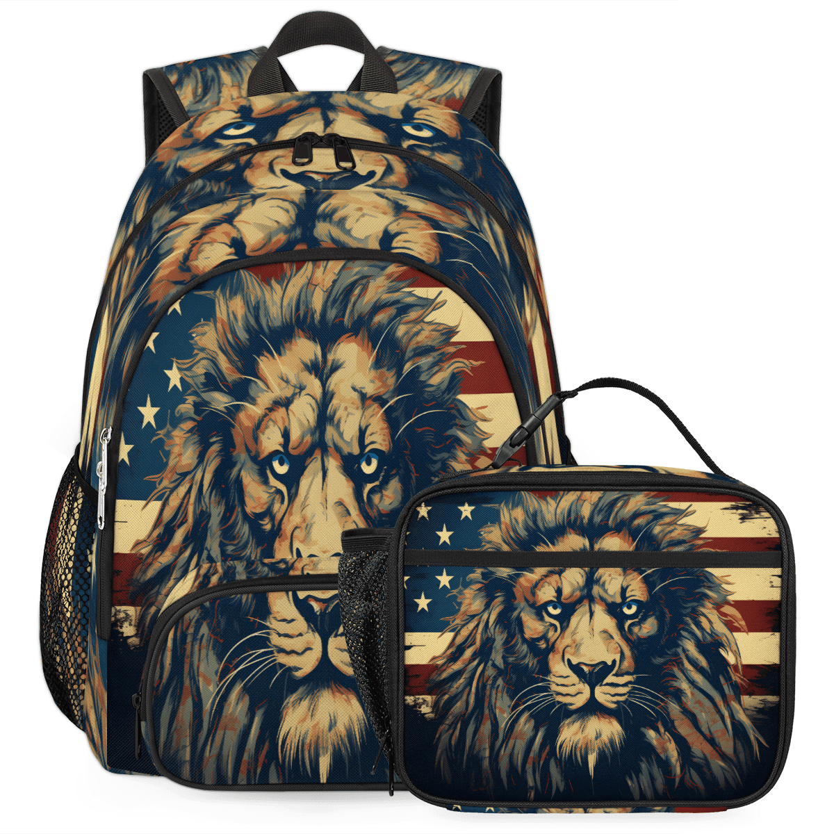 Herdesigns Lion Animal Print Backpack with Lunch Box American Flag ...