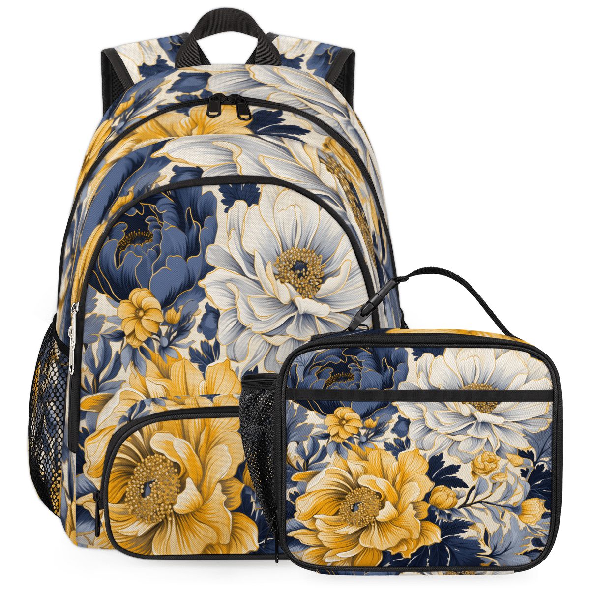 Herdesigns Navy Blue Floral Backpack with Lunch Box Yellow Flowers ...