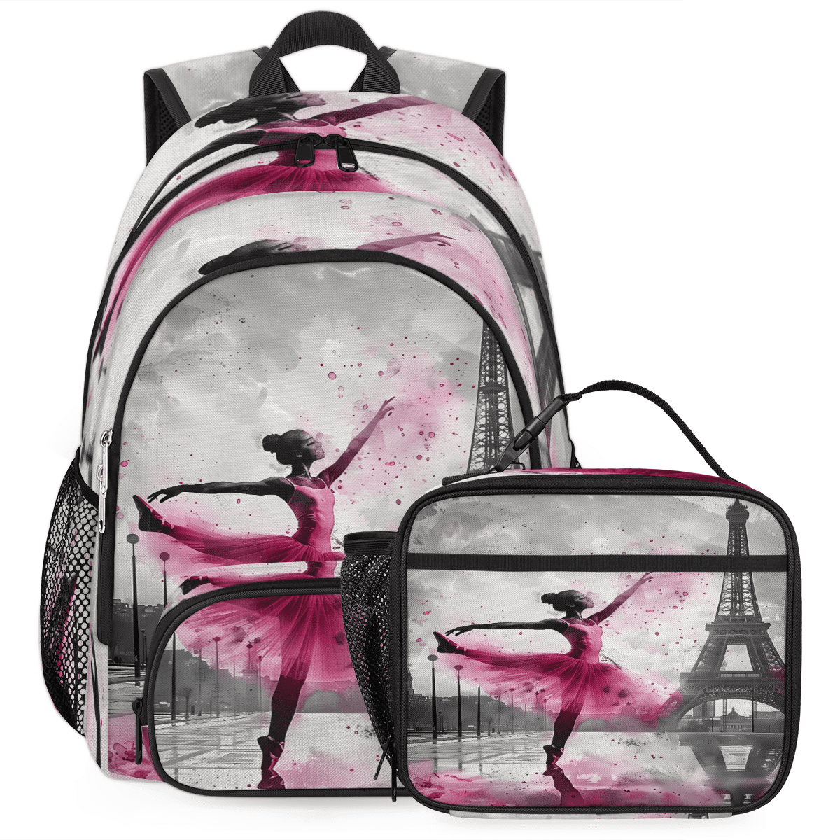 Herdesigns Paris Eiffel Tower Backpack with Lunch Box Pink Lightweight ...